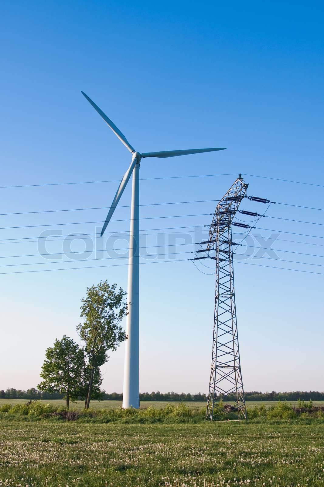 windmill together with high voltage powerlines | Stock image | Colourbox