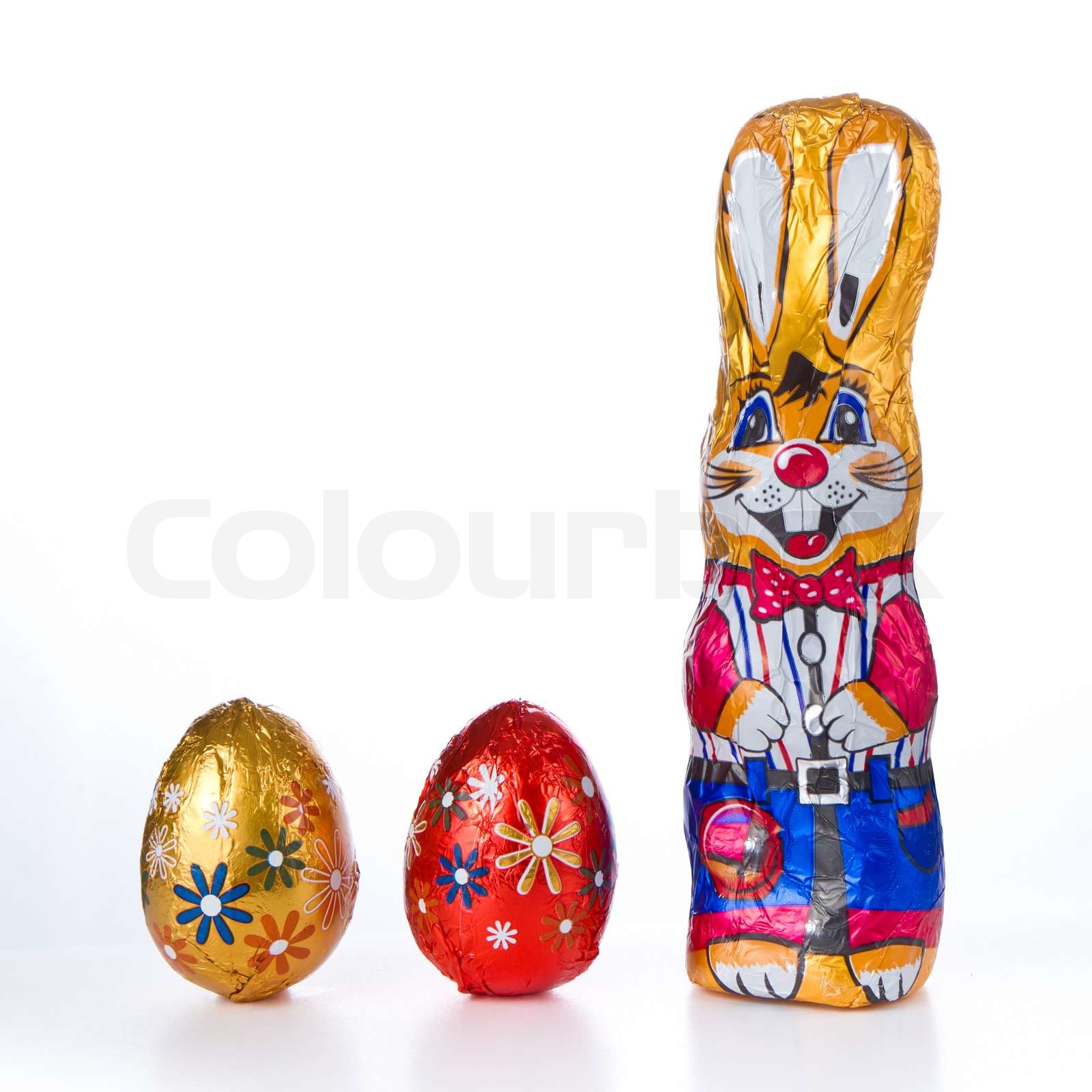 Wrapped Chocolate Easter Bunny With Eggs Isolated Stock Image Colourbox