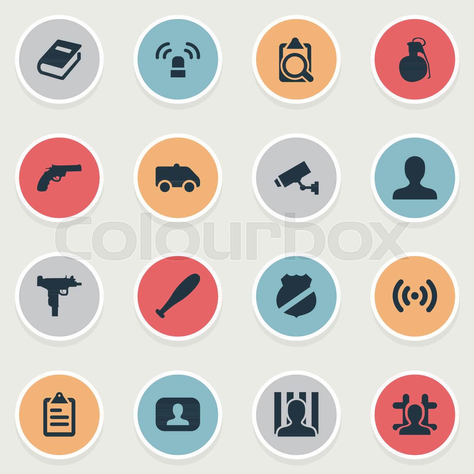 Vector Illustration Set Of Simple Crime Icons. Elements Person, Weapon ...