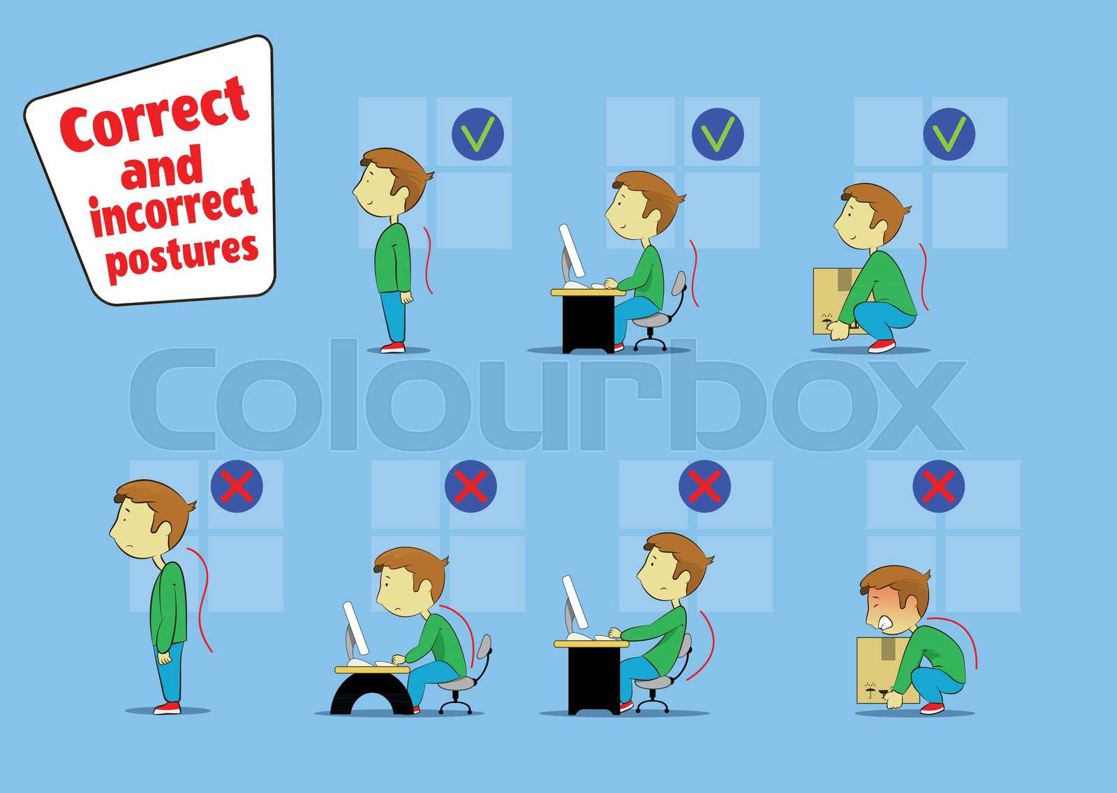 Fun cartoon boy sitting, working and lifting heavy things | Stock ...