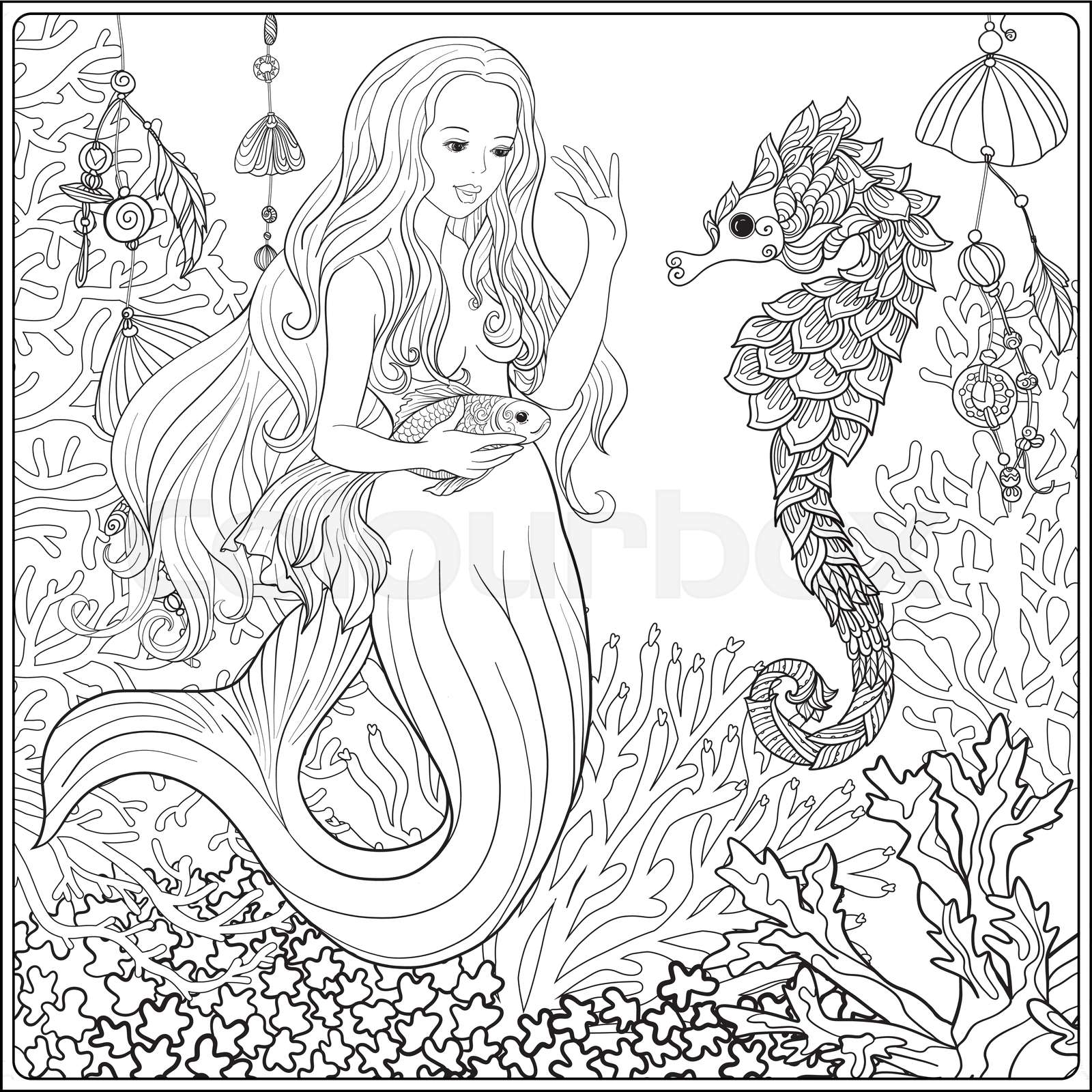 Hand drawn mermaid with gold fish in underwater world. Linen color ...