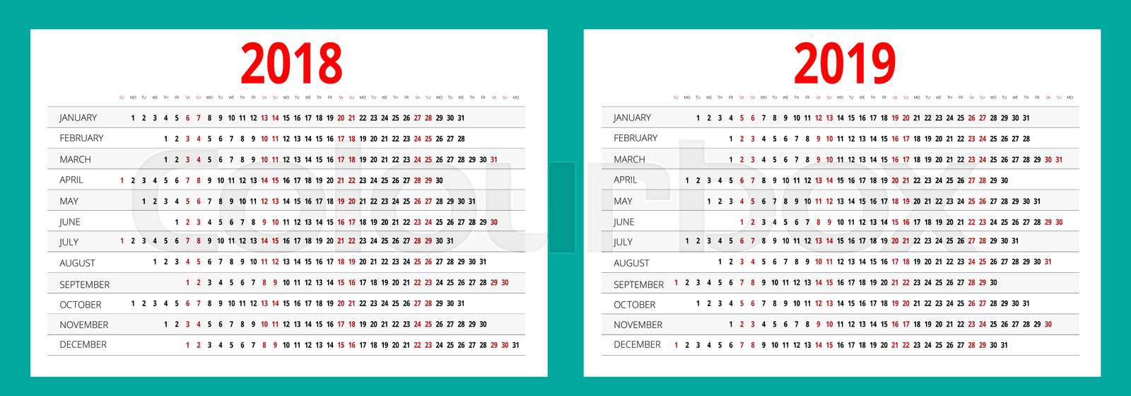 2018 and 2019 calendar. Print Template. Portrait Orientation. Set of 12 ...