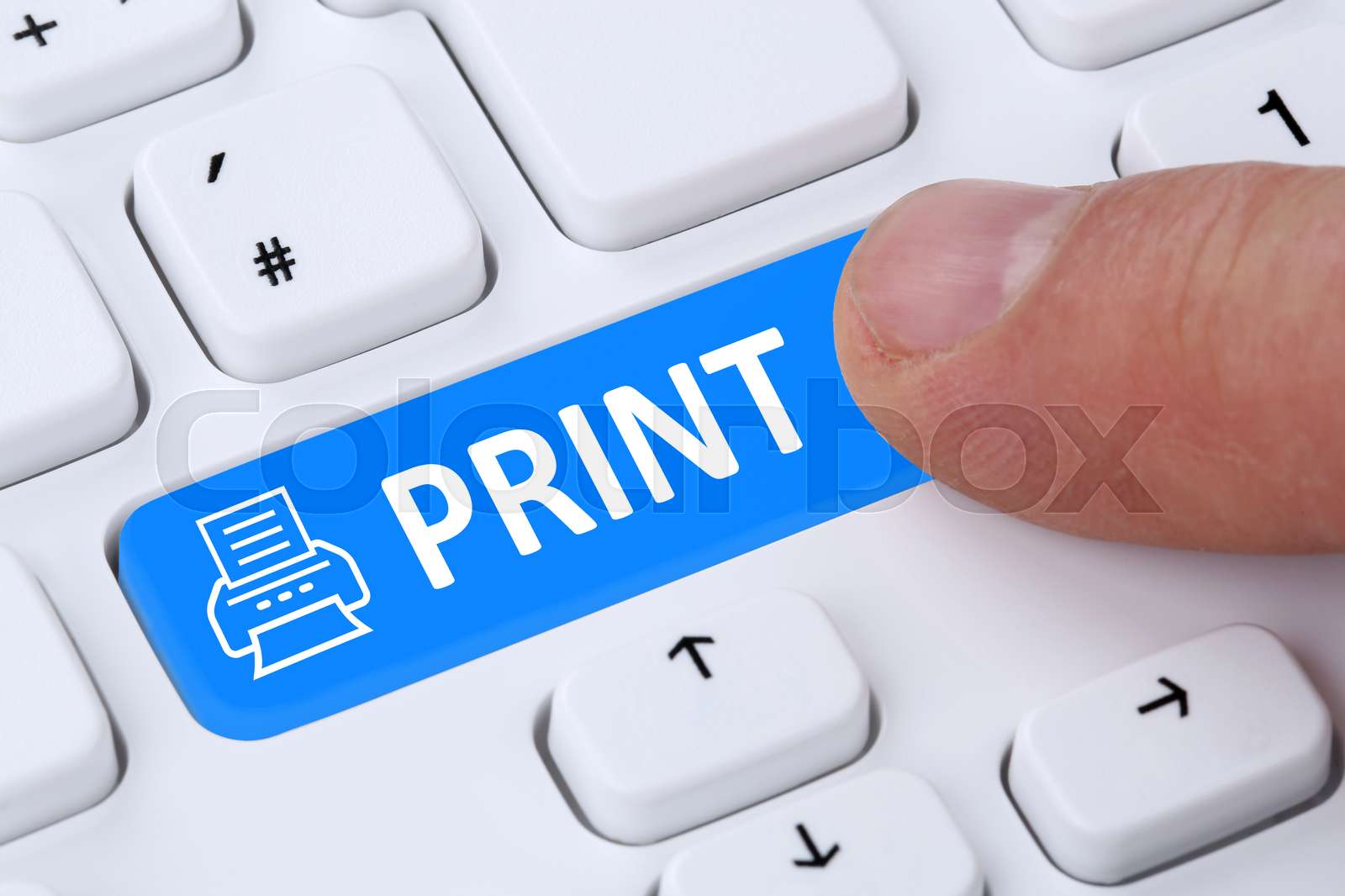 Push print button printing on printer from computer | Stock image ...