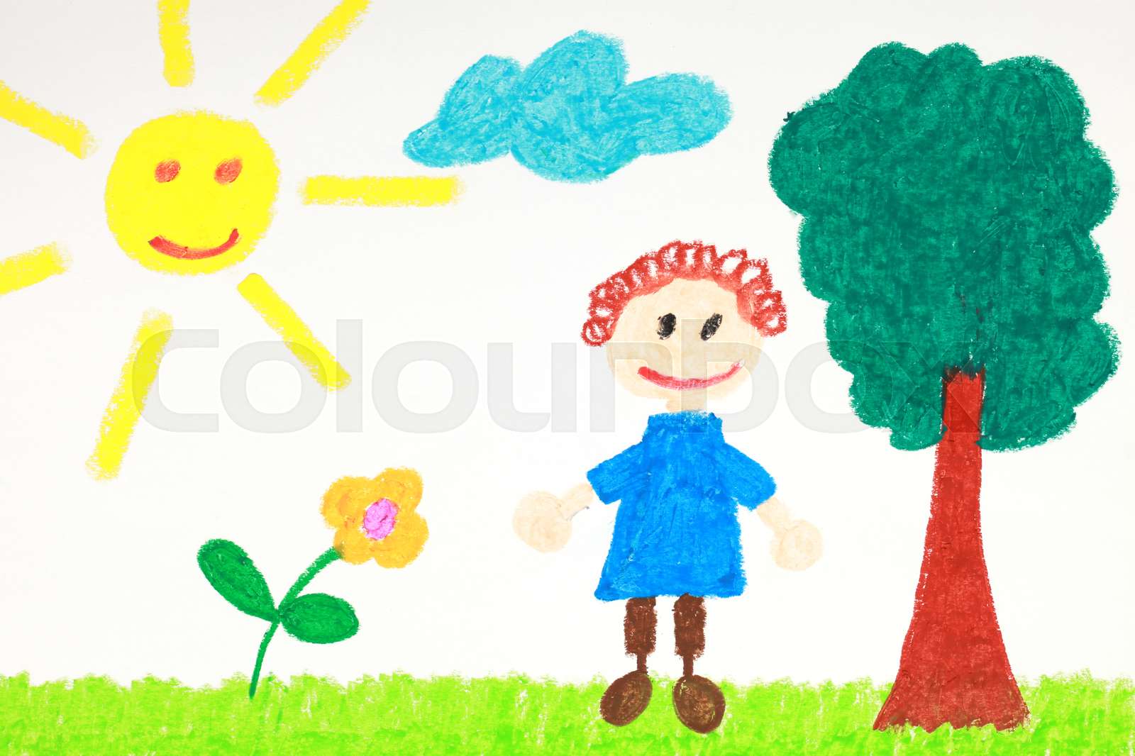 Kiddie style drawing of a flower, tree and child | Stock image | Colourbox