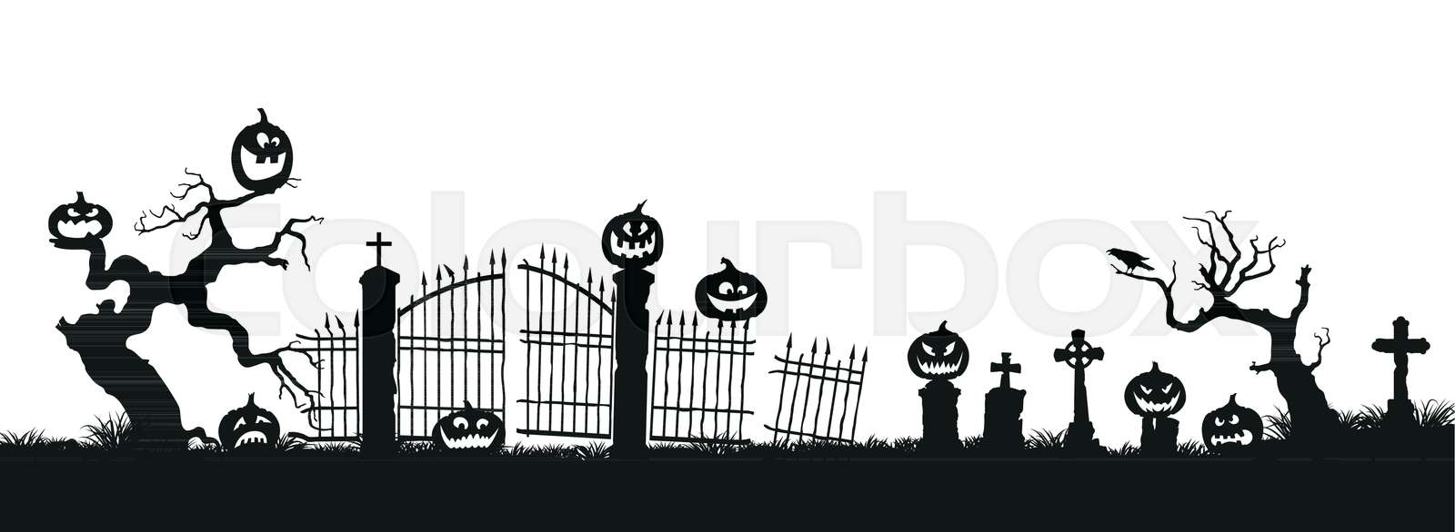 Holiday Halloween. Black silhouettes of pumpkins on the cemetery on ...
