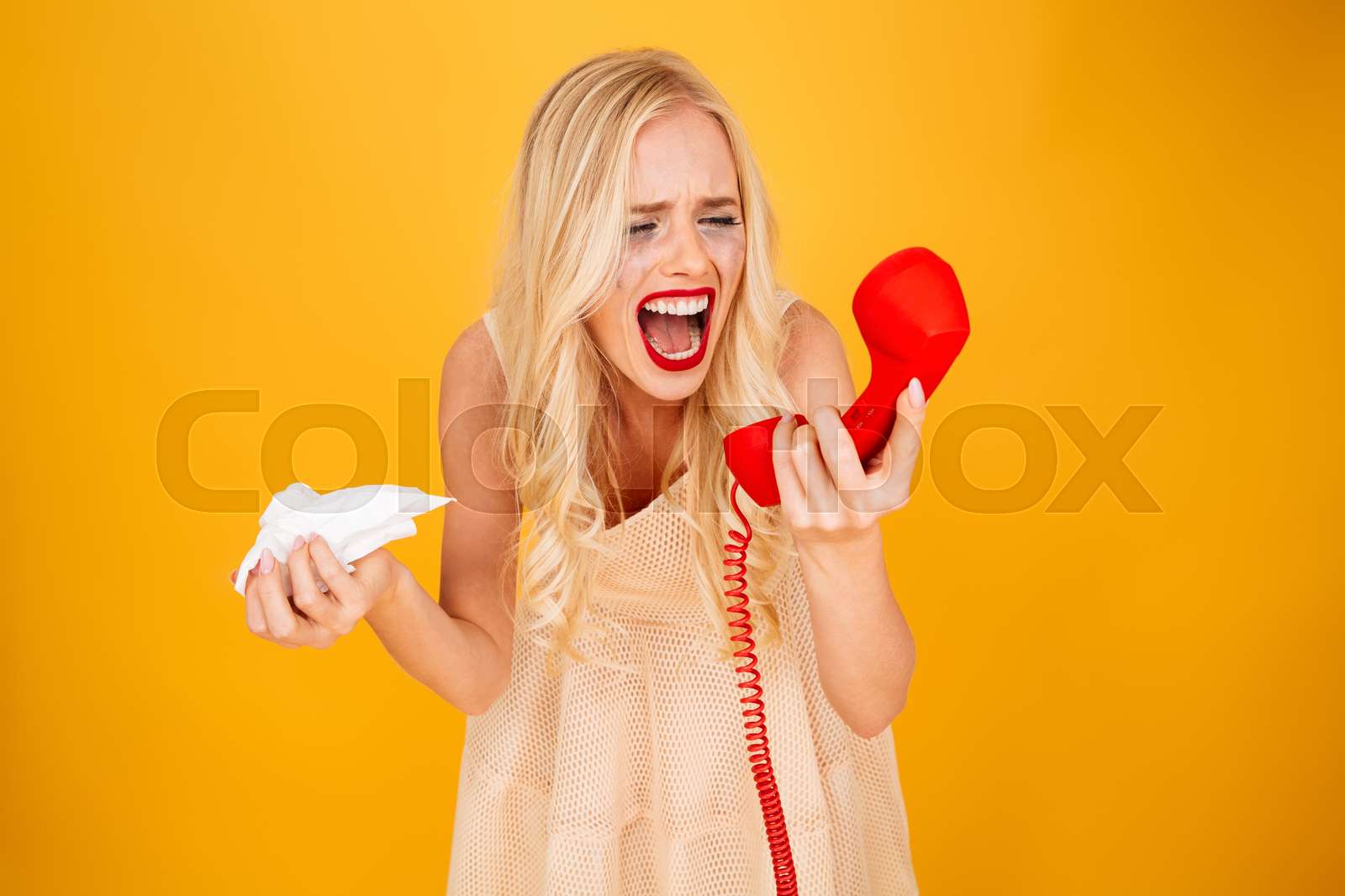 Sad Crying Screaming Young Blonde Woman Talking By Telephone Stock