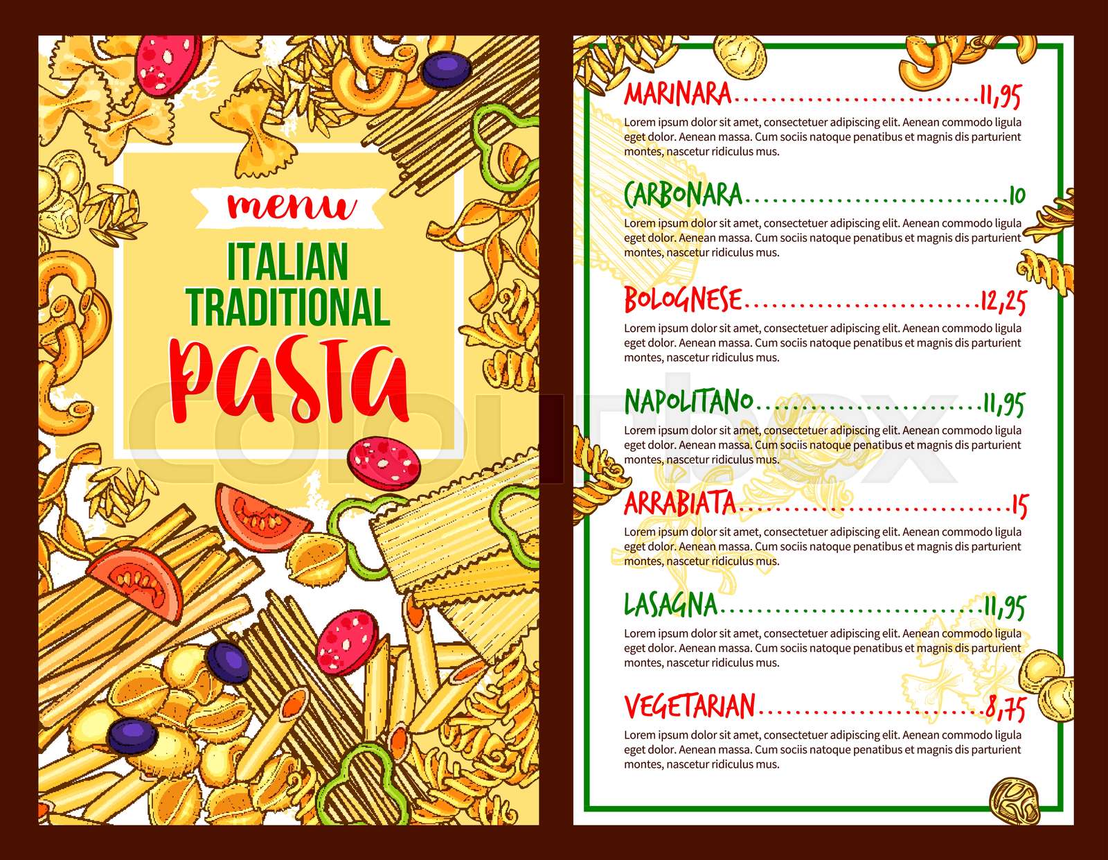 Pasta Italian restaurant vector menu template | Stock vector | Colourbox