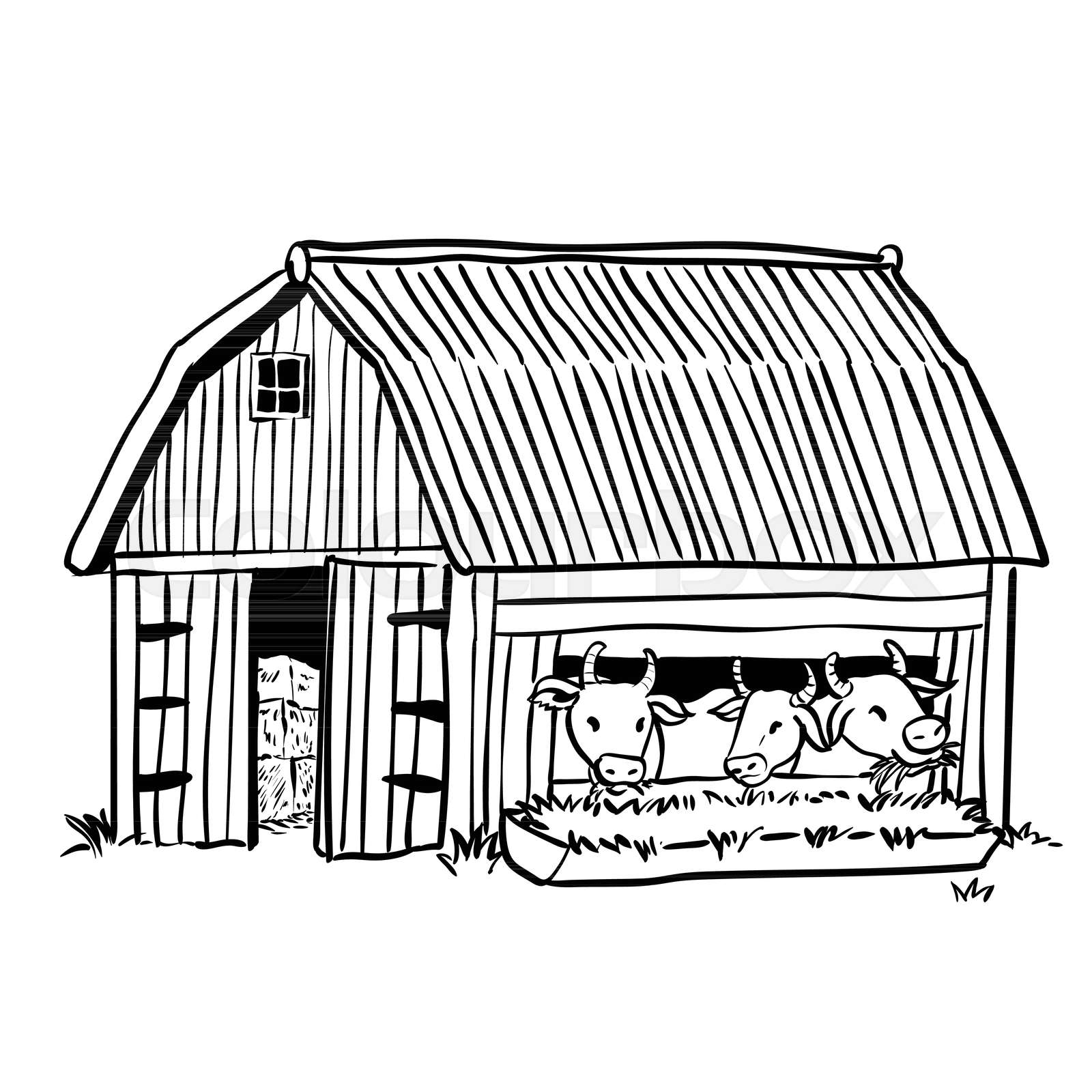 Hand drawing barn with three cows-Vector Illustration | Stock vector ...