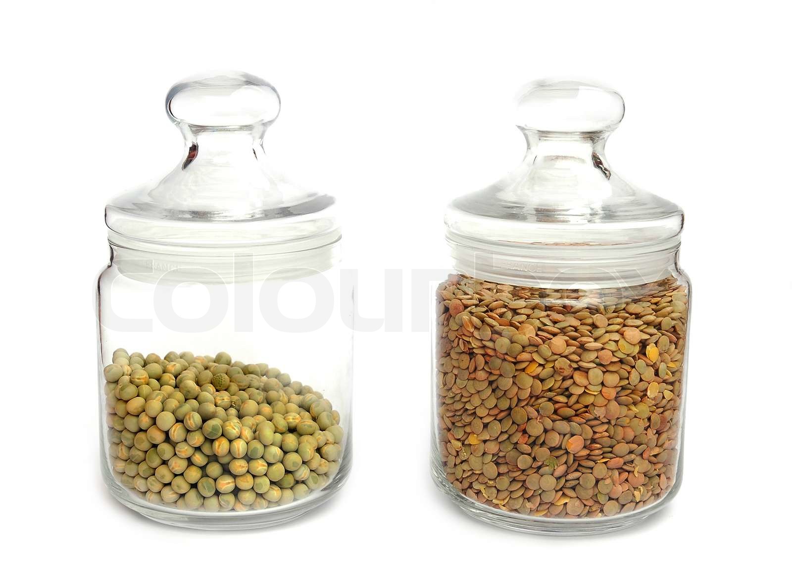 Peas and lentils in glass containers | Stock image | Colourbox