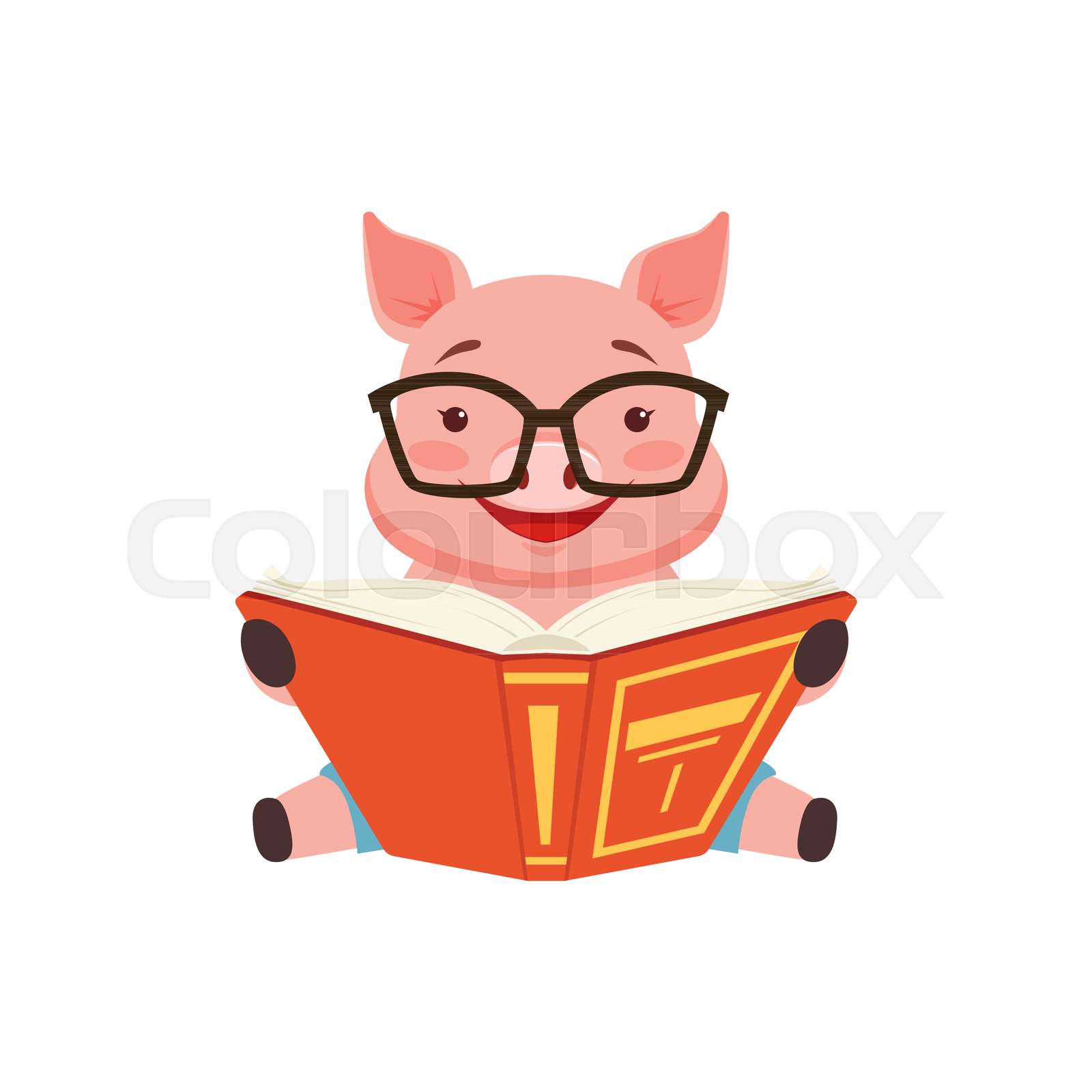 Cute smart pig sitting on the floor anf reading book, funny cartoon ...