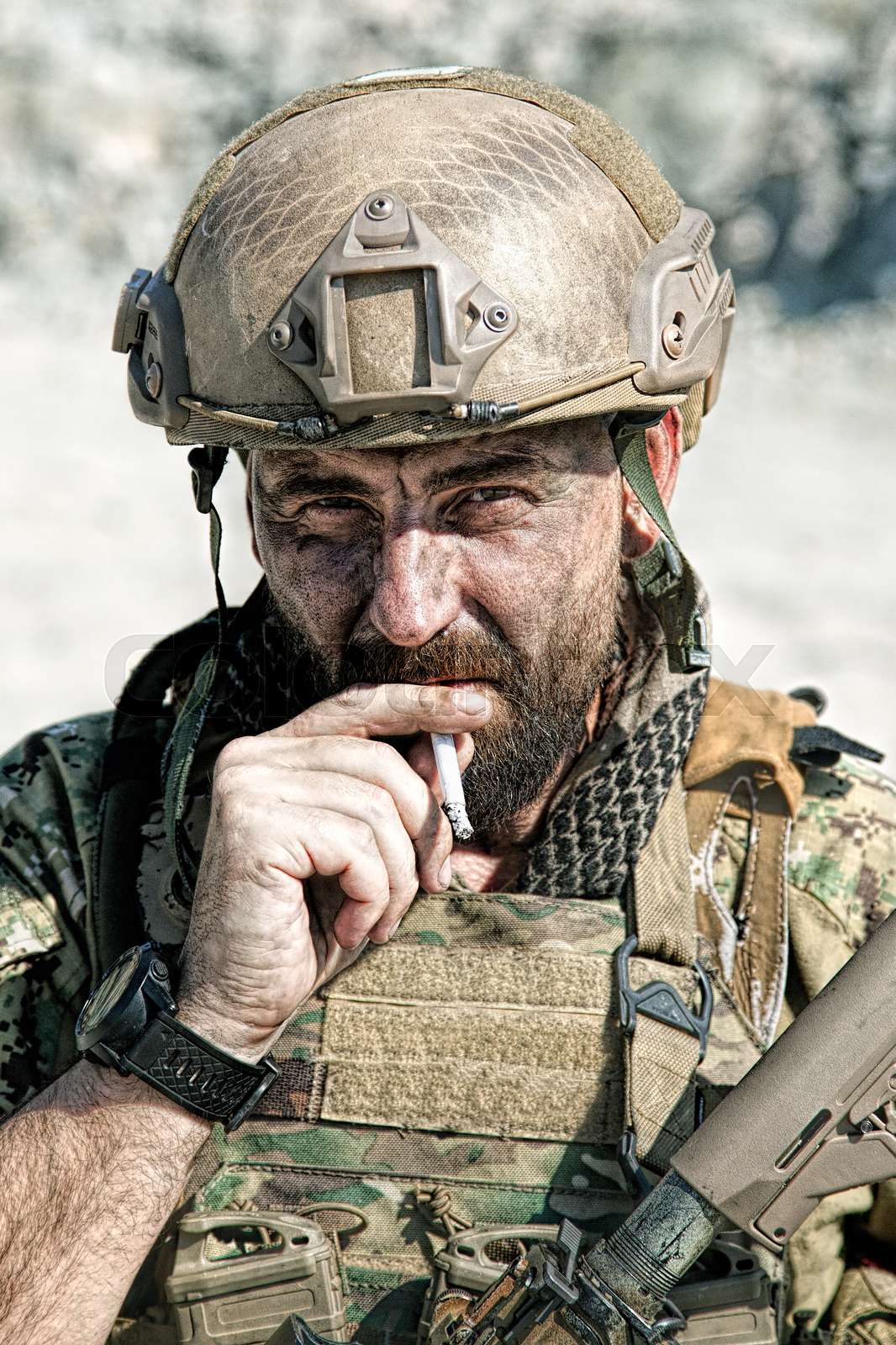 Army soldier smoking | Stock image | Colourbox