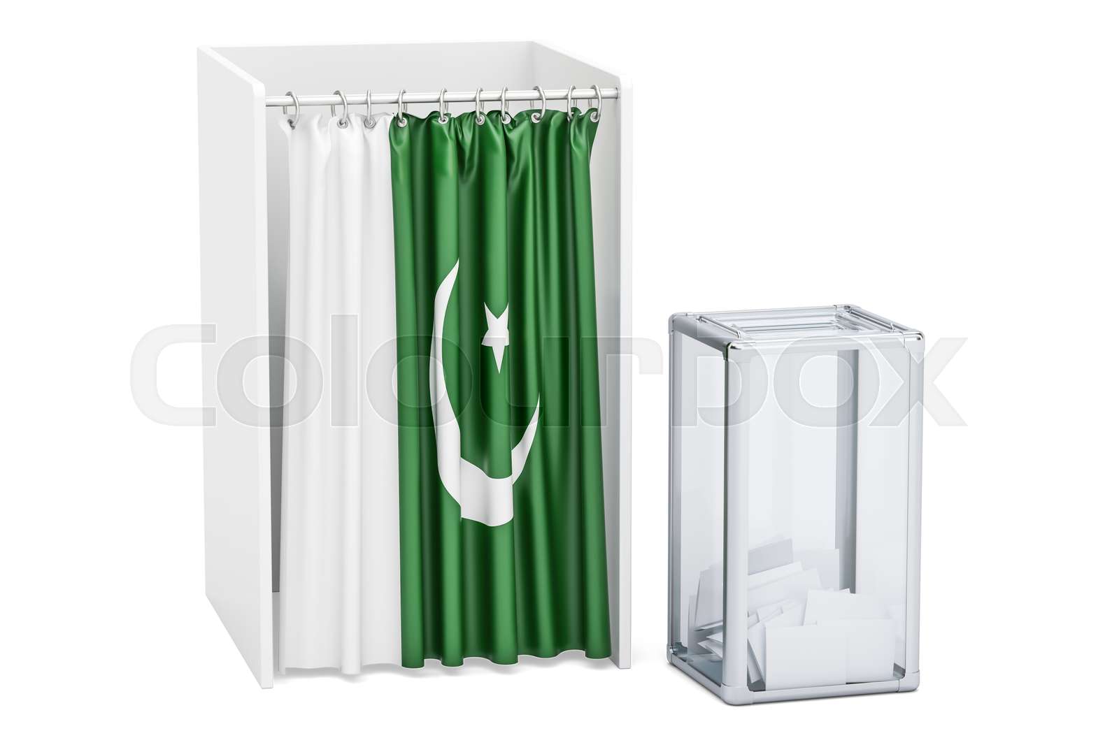 Pakistani election concept, ballot box and voting booths with flag of ...