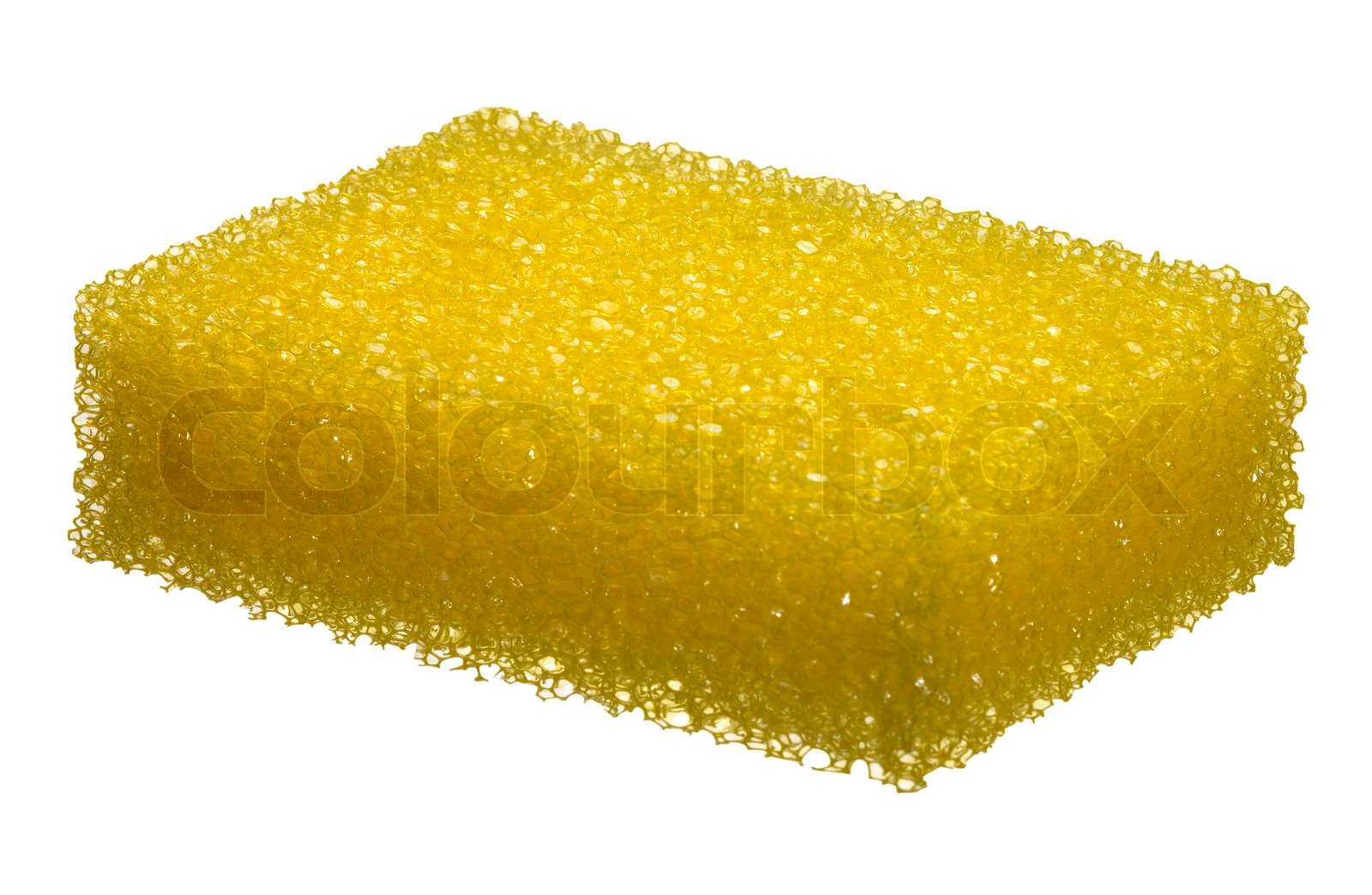 studio photography of a blue, yellow and black cleaning sponge isolated ...