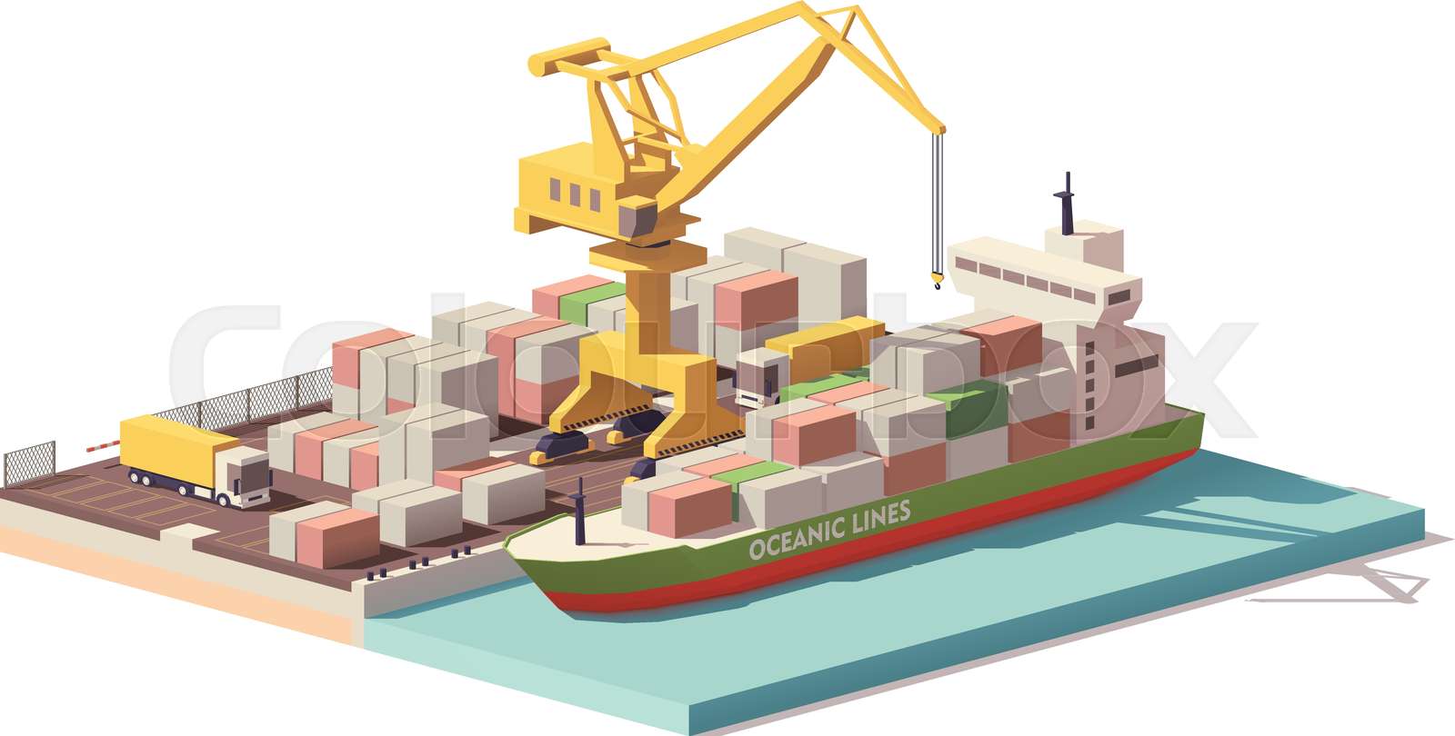 Vector low poly port container terminal and ship | Stock vector | Colourbox
