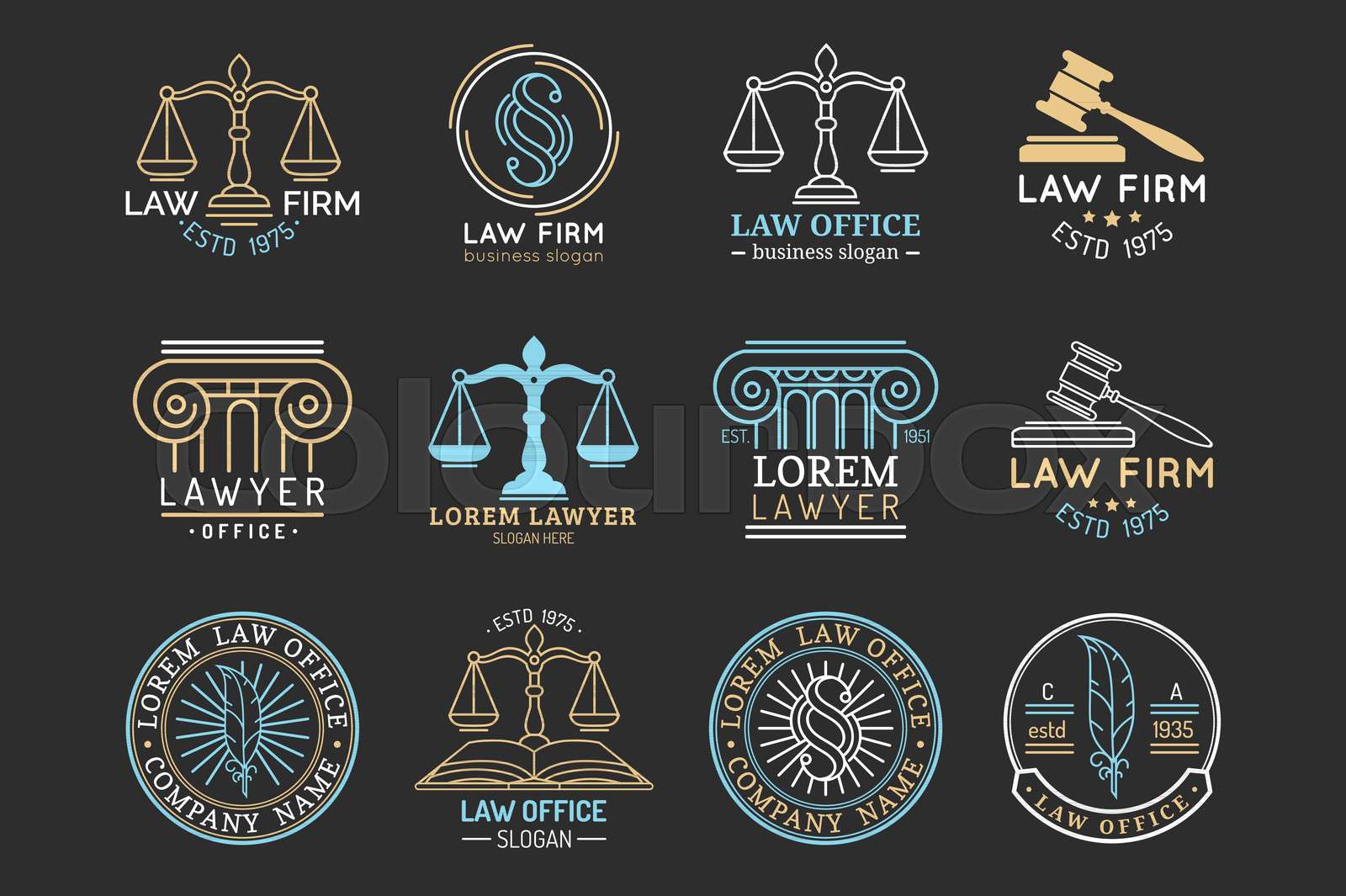 Law office symbols set with scales of justice, gavel etc illustrations ...