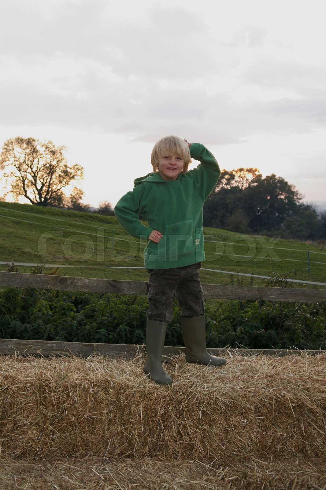 Young boy on hay bales | Stock image | Colourbox