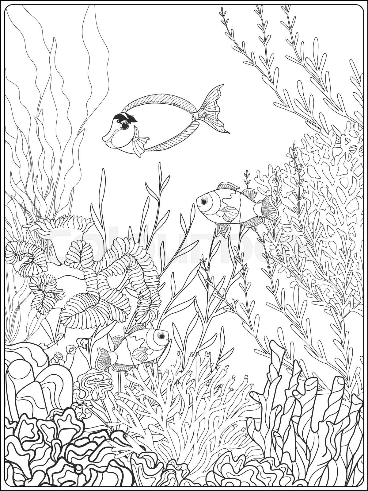 Adult coloring book. Coloring page with underwater world coral reef ...