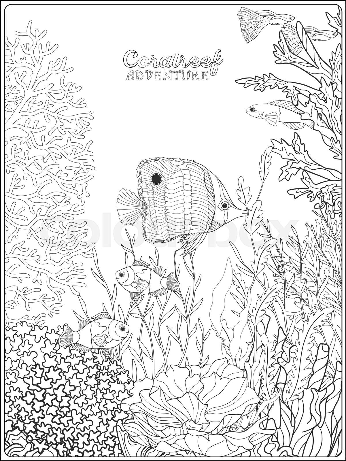 Adult coloring book. Coloring page with underwater world coral reef ...