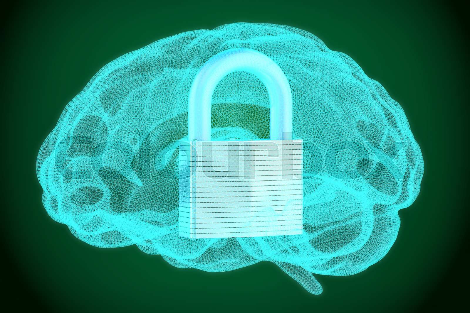 Padlock inside brain, security and protect concept, 3D rendering ...