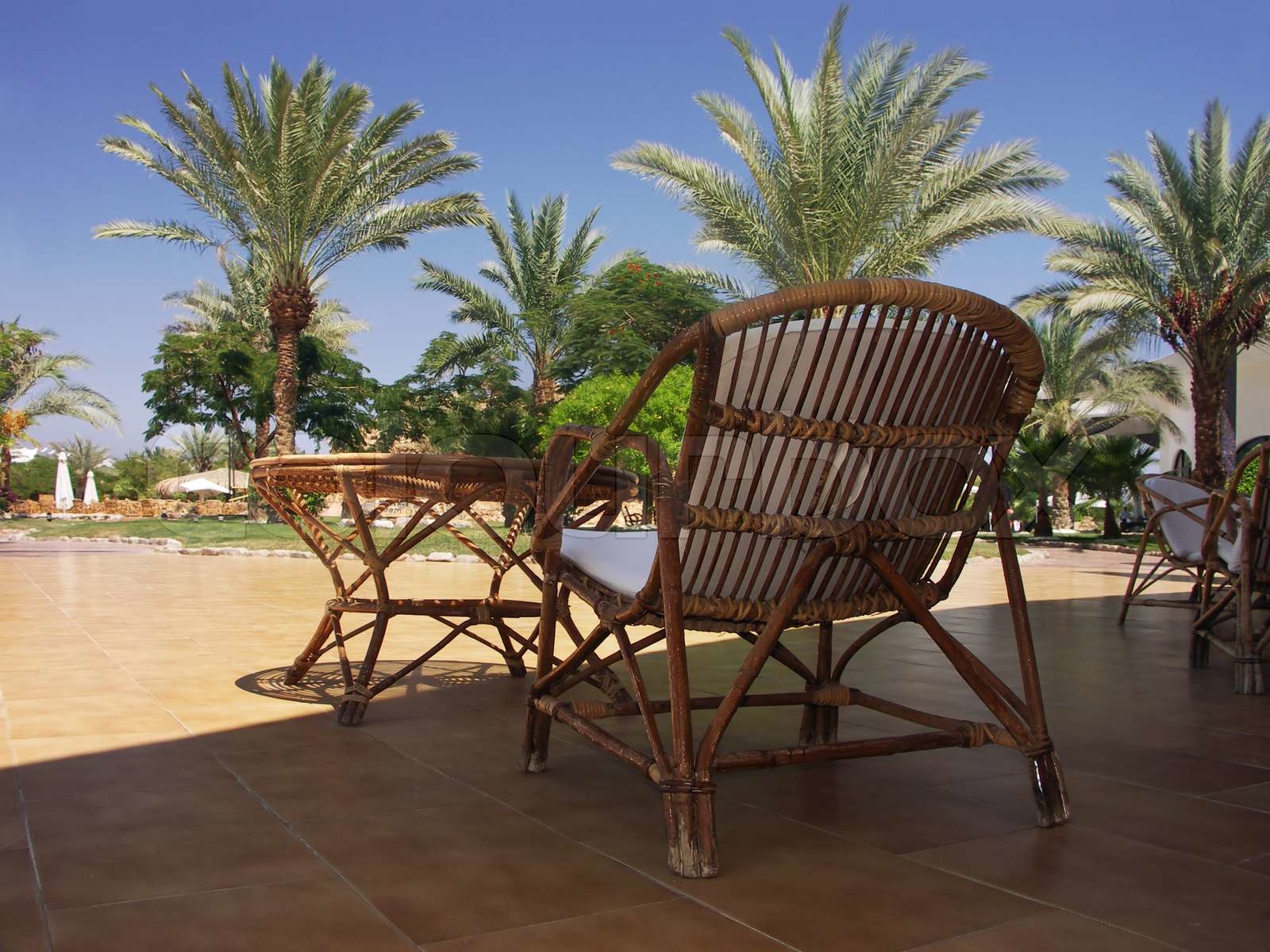 paradis Garten mit Palmen und Stuhl und Tisch in Afrika, Ägypten ...