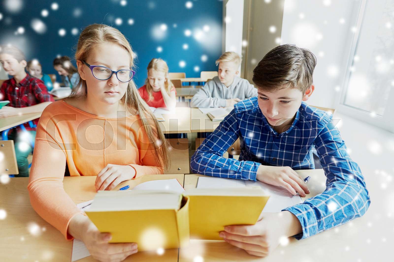 students reading book at school lesson | Stock image | Colourbox