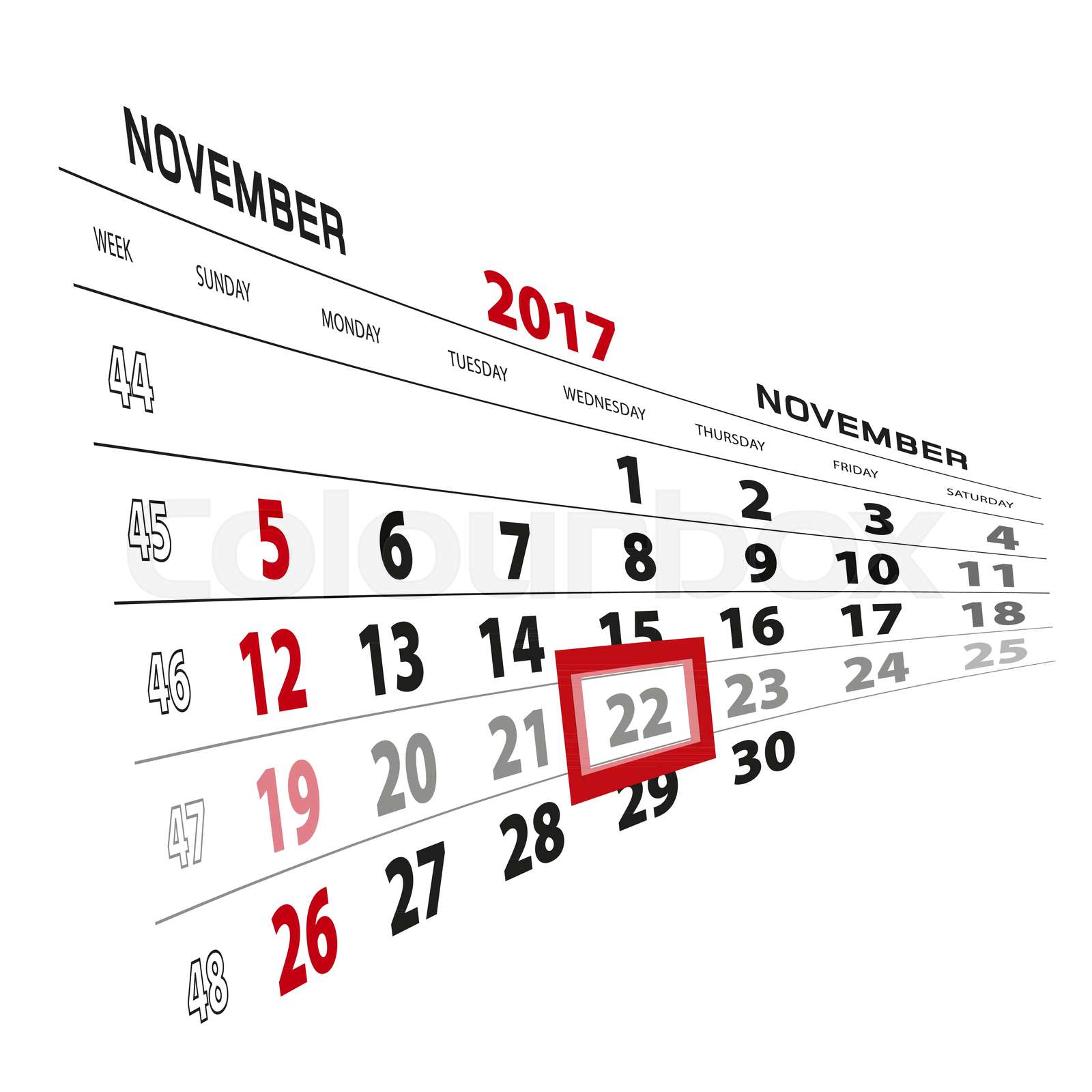 November 22, highlighted on 2017 calendar. Week starts from Sunday ...