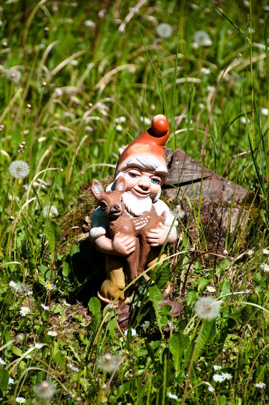 Old plastic garden dwarf gnome carrying a little deer | Stock image ...