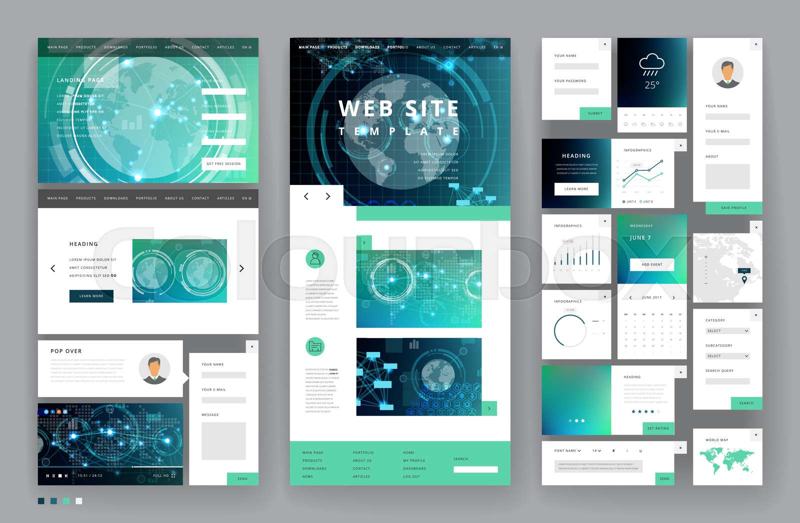 Website template design with interface elements | Stock vector | Colourbox