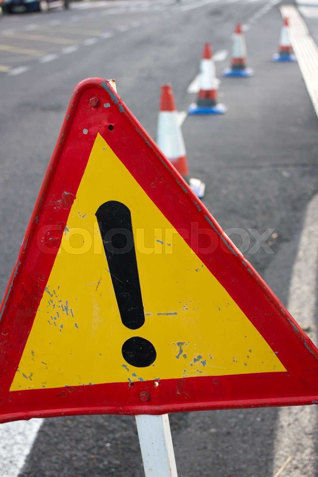 Attention sign. Road traffic limited. Triangle with red border. Bypass ...