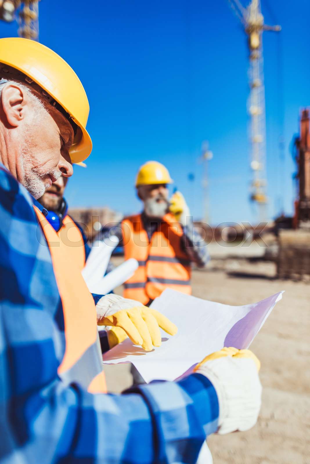 Construction worker examining building plan | Stock image | Colourbox