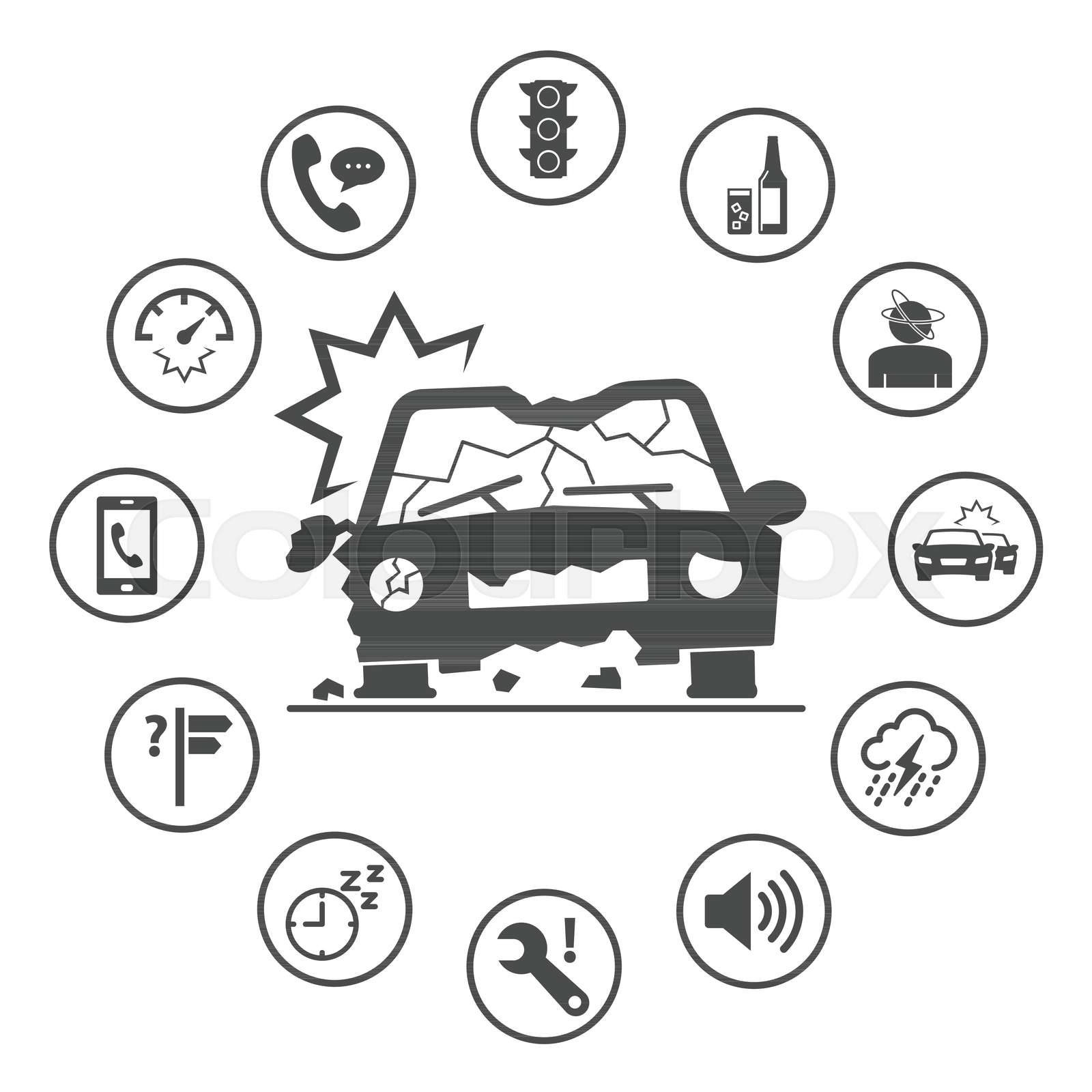 Causes of Car Accidents. Simple rounded insurance icons set. Vector ...