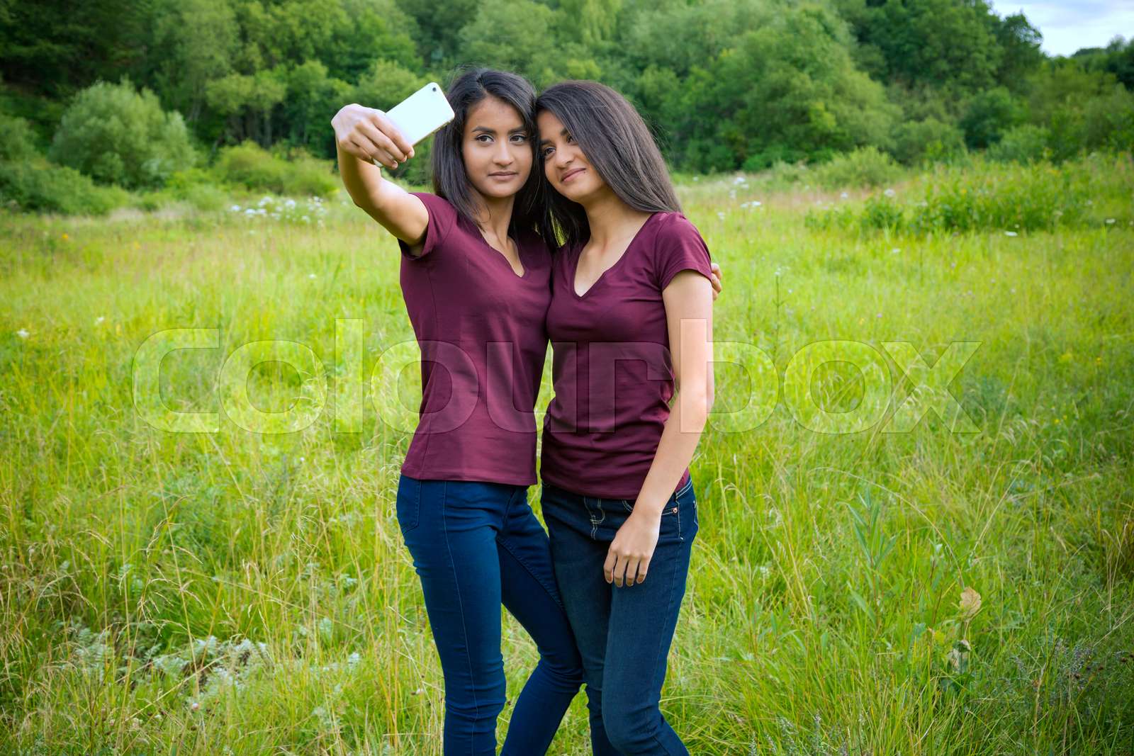 Beautiful Young Twins Girls Doing Selfie Stock Image Colourbox