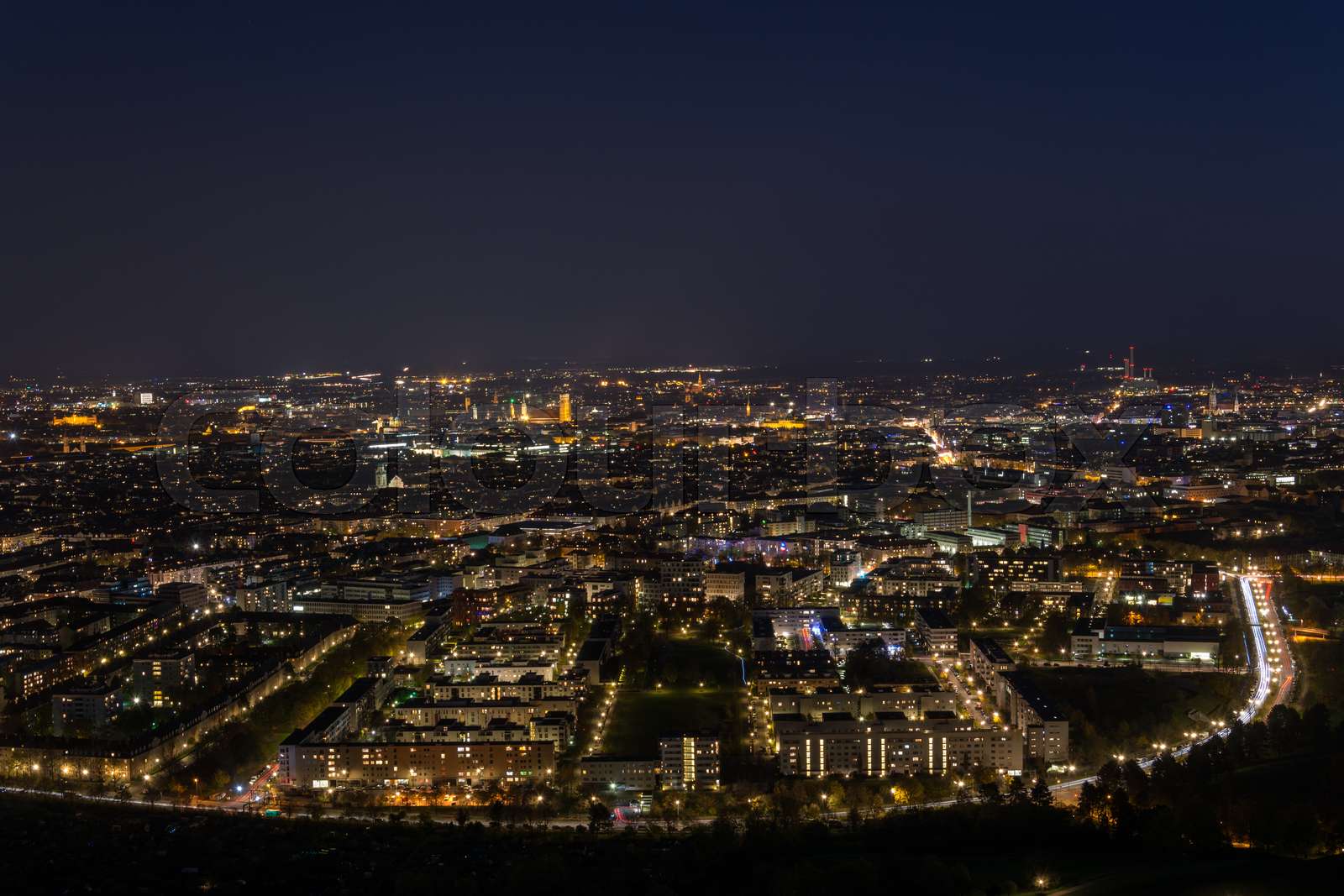 Lights of Munich, Germany at night from the Olympic tower | Stock Bild ...
