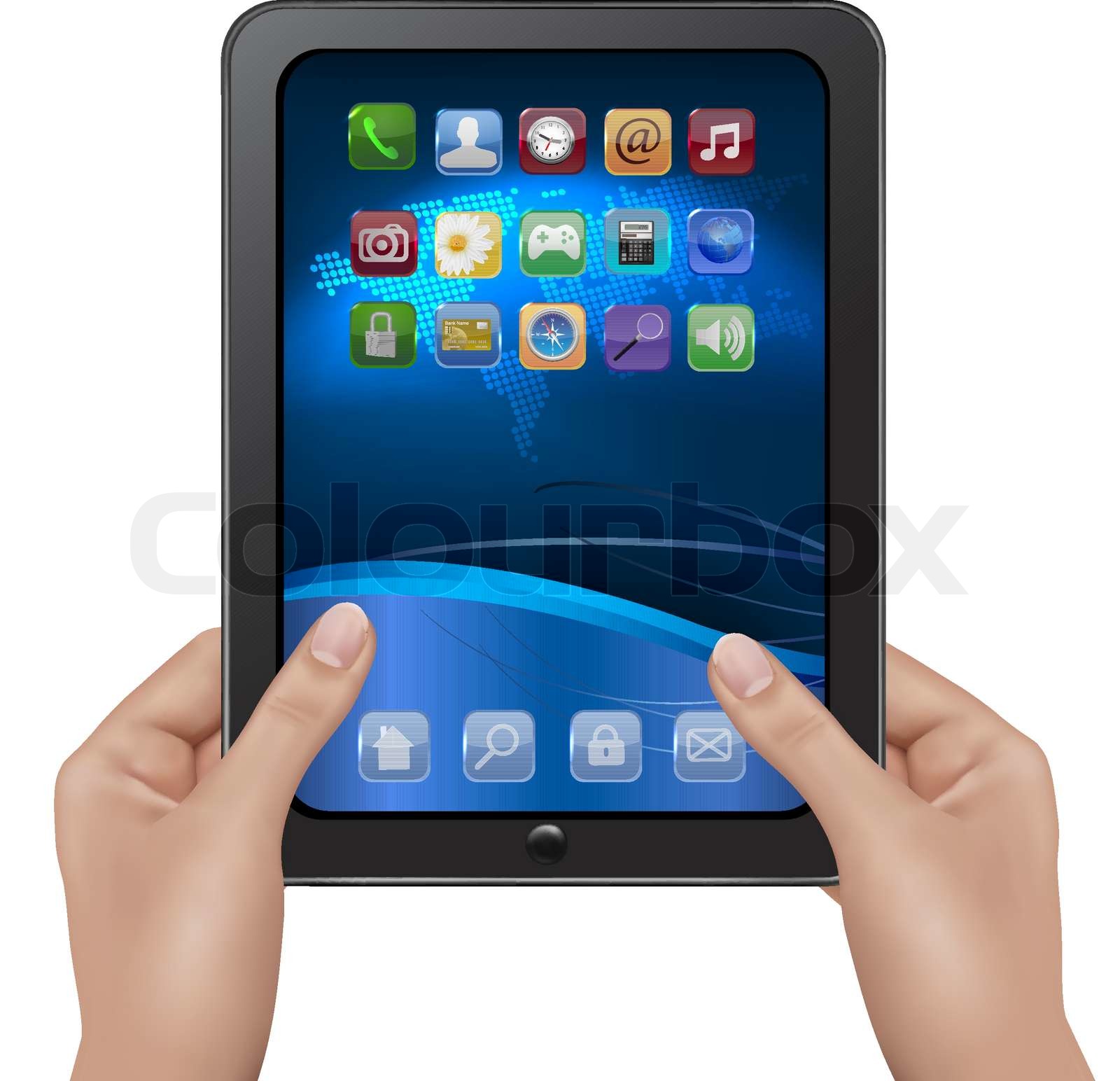 Hænder, der holder digital tablet computer med ikoner. | Stock vektor ...