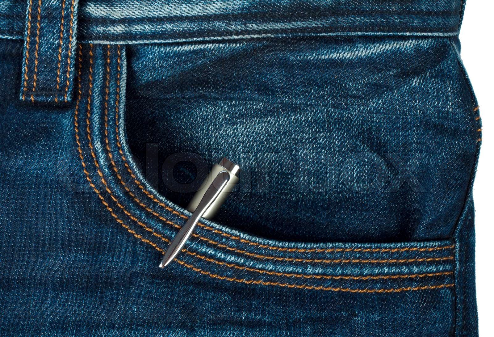 pen in the pocket of blue jeans isolated on white | Stock image | Colourbox