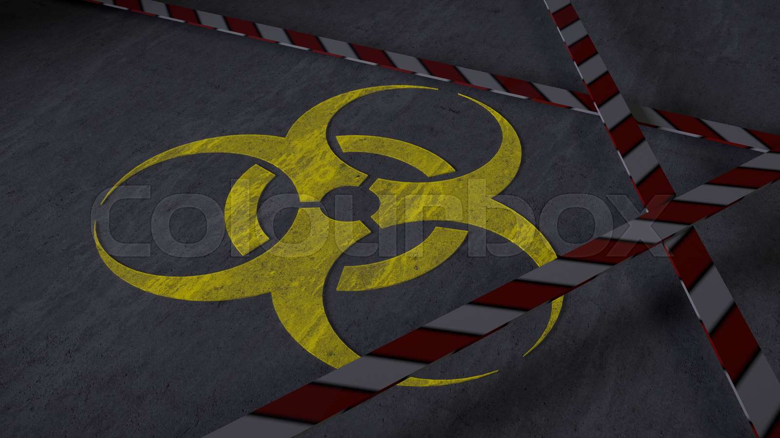 Dirty biohazard warning sign on concrete with red-white warning planks ...