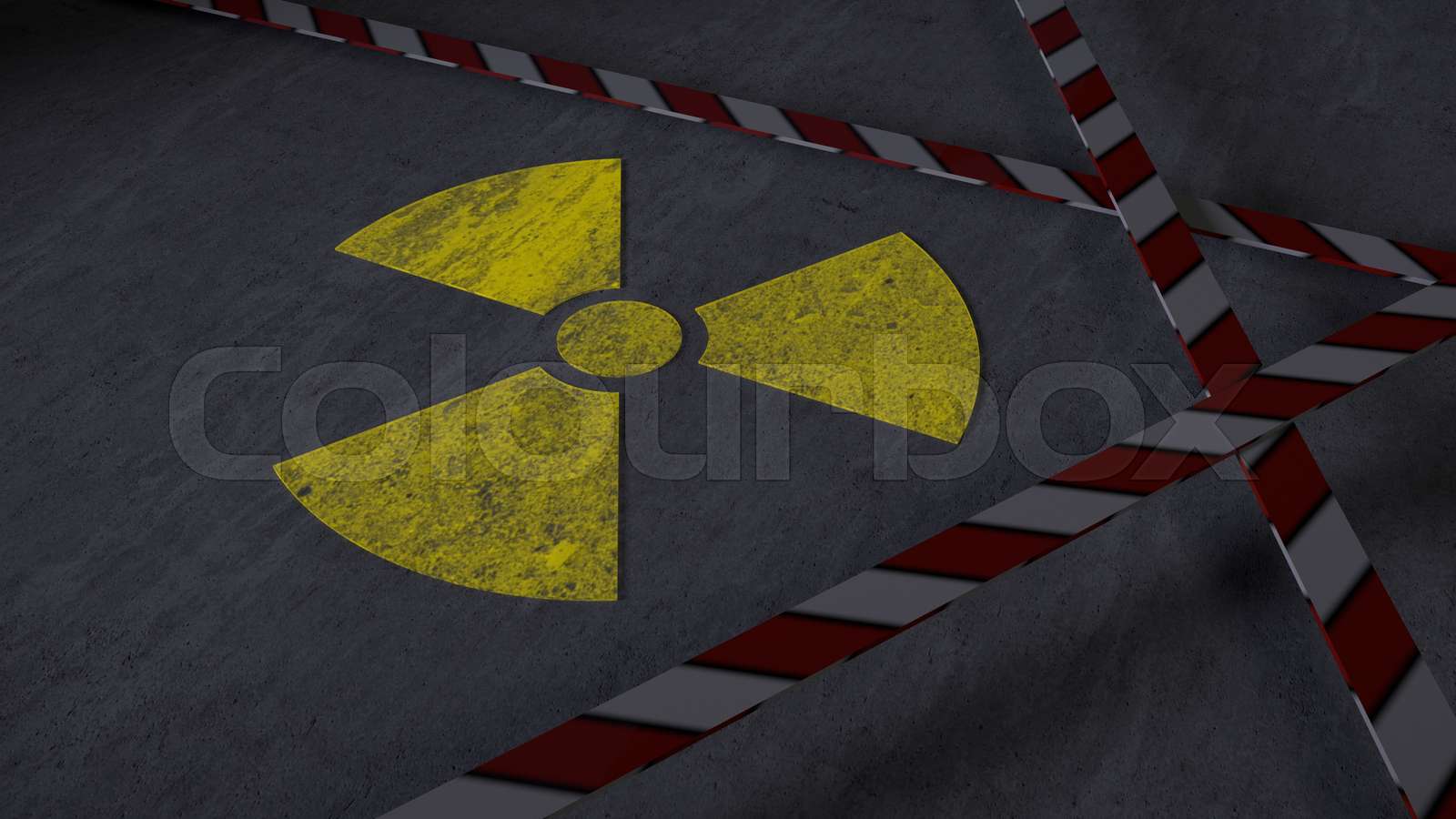 Dirty nuclear warning sign on concrete with red-white warning planks ...
