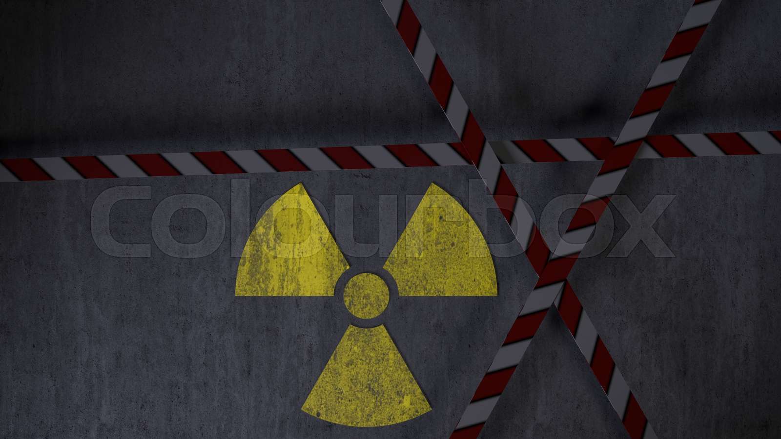 Dirty nuclear warning sign on concrete with red-white warning planks ...