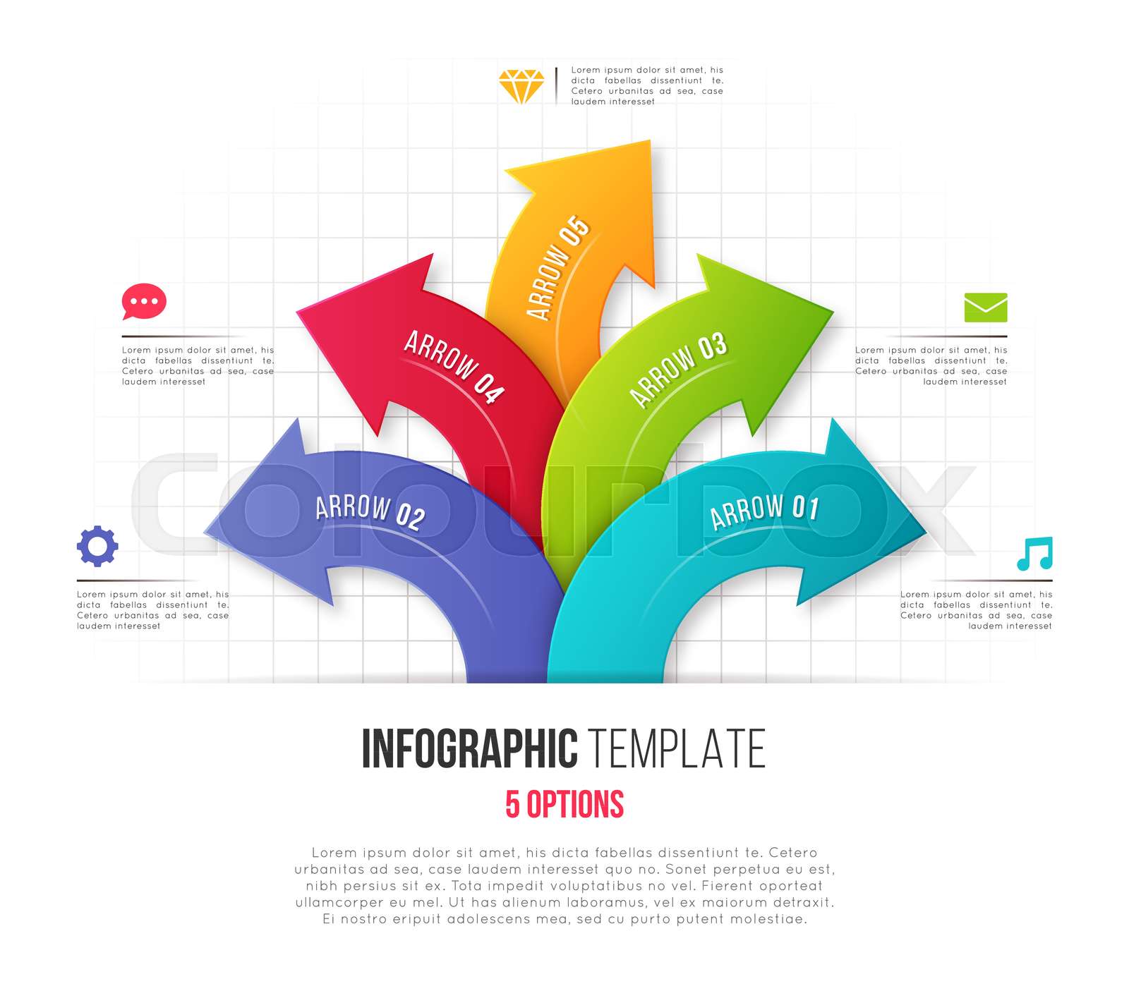 Infographics with 5 option branching circular arrows. Vector tem ...