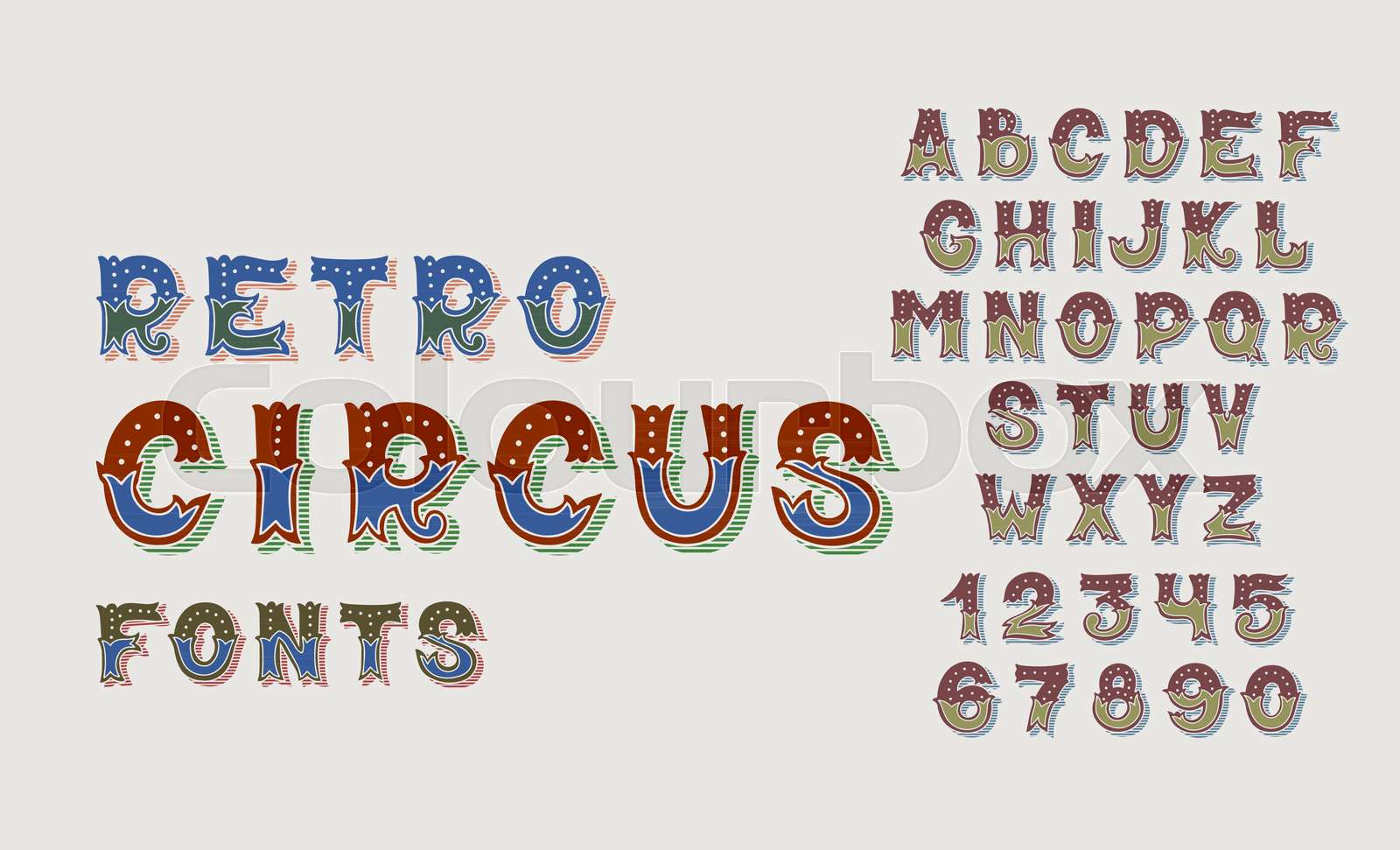 doodle retro circus fonts and numbers alphabet design set | Stock vector | Colourbox