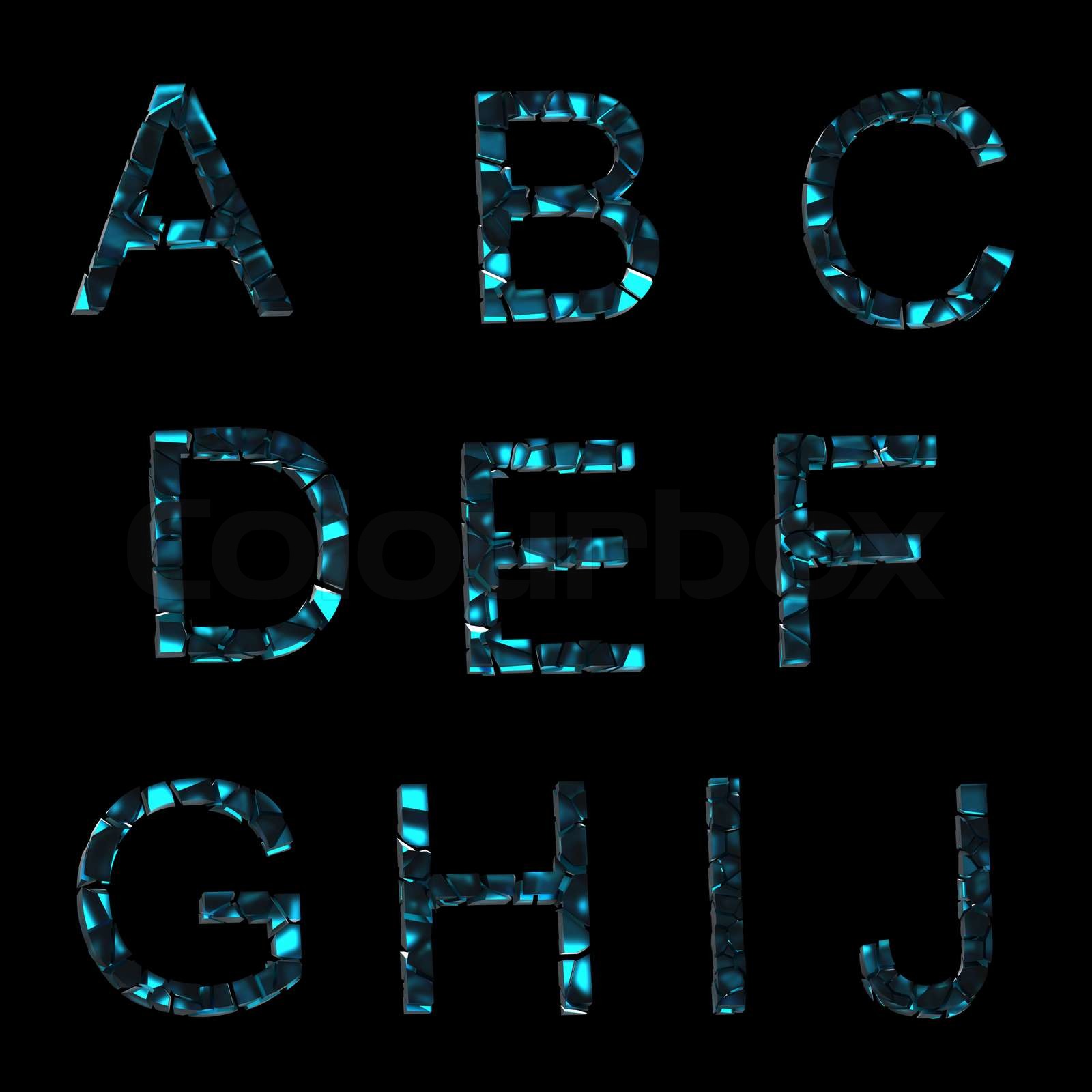 Alphabet:set of broken into pieces glass letters isolated on black ...