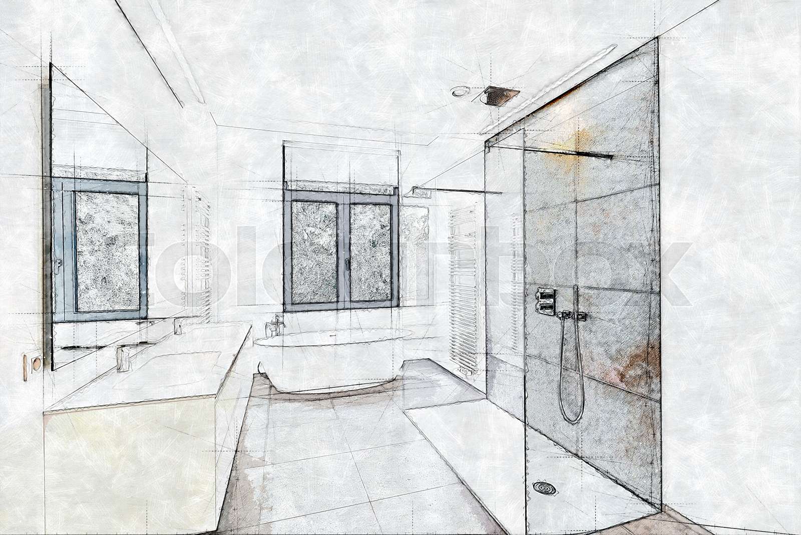 Sketch of a Tiled bathroom and shower | Stock image | Colourbox