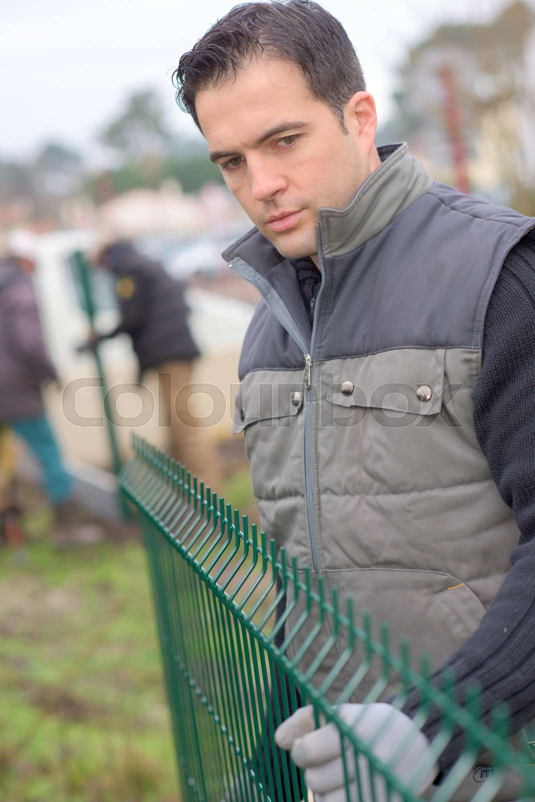 Workman fitting outdoor fencing | Stock image | Colourbox