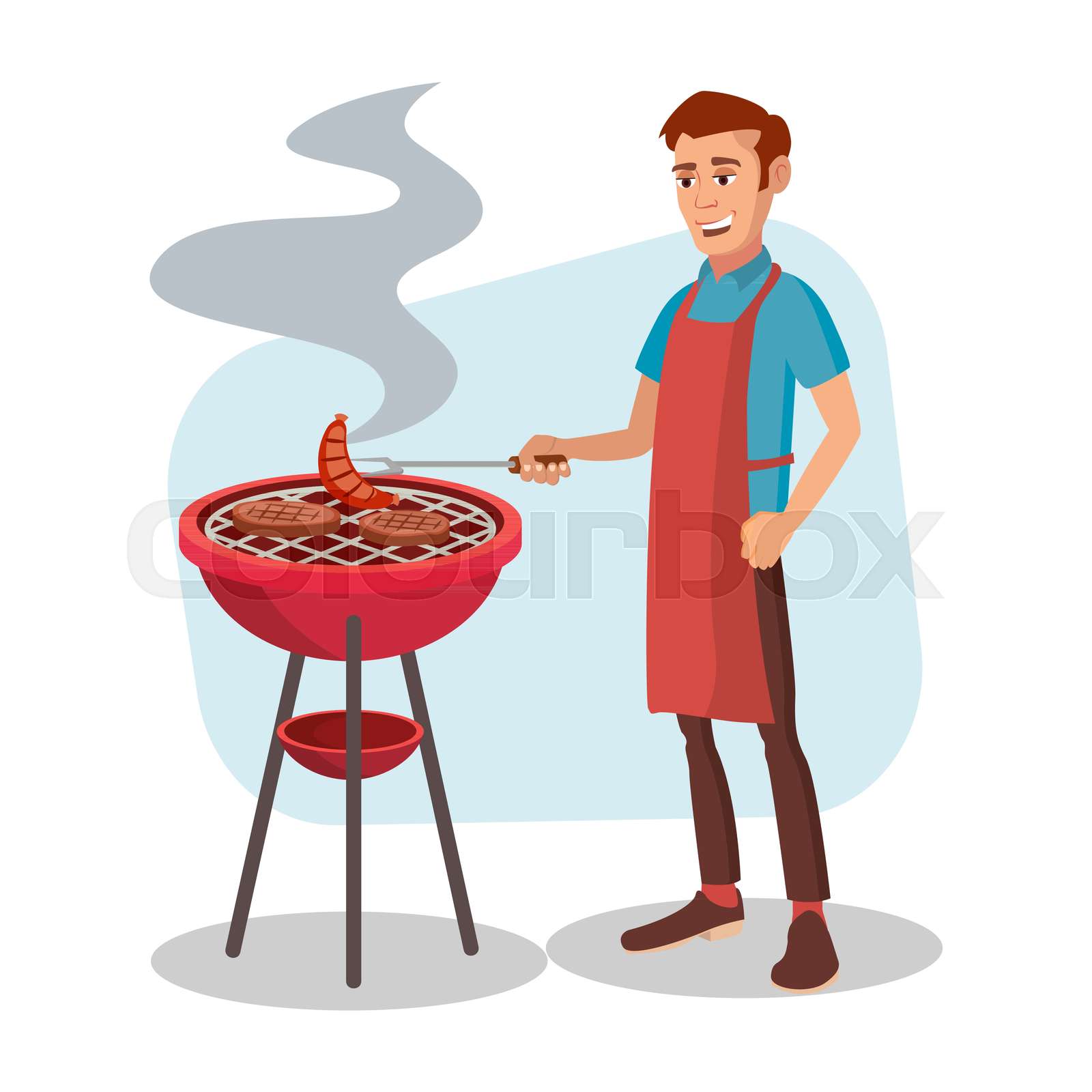 BBQ Cooking Vector. Man Cook Grill Meat On Bbq. Isolated Flat Cartoon ...