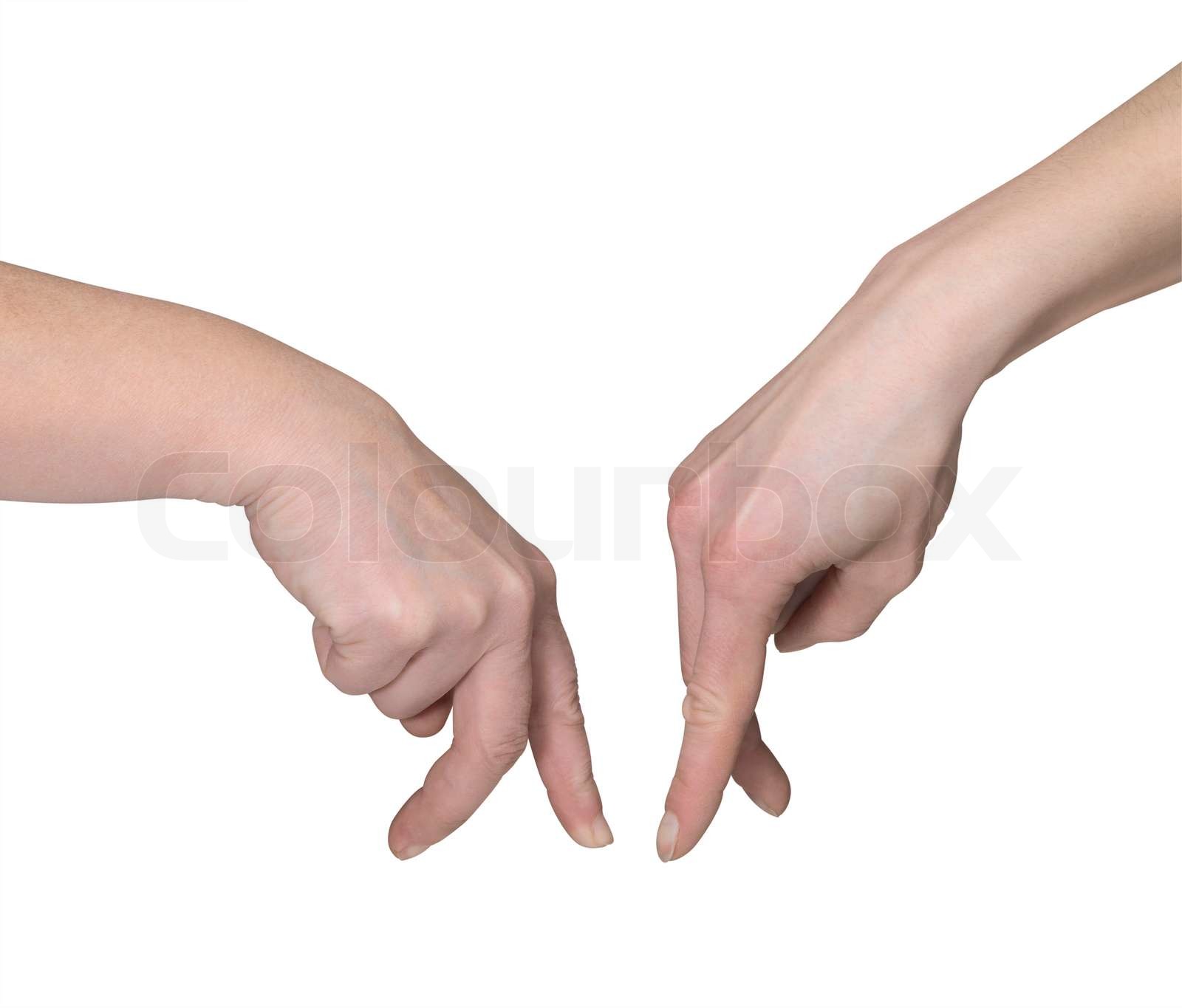 studio photography of two hands walking with fingers in white back ...