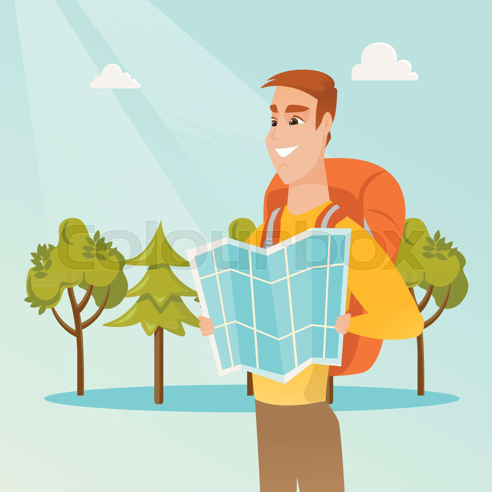 Young caucasian traveler man looking at map. | Stock vector | Colourbox