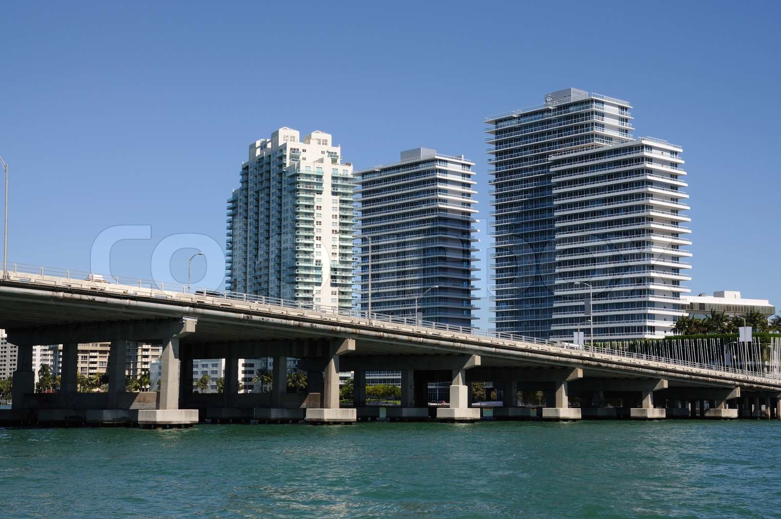 Downtown Miami with the Biscayne Bay Bridge in foreground, Florida USA ...