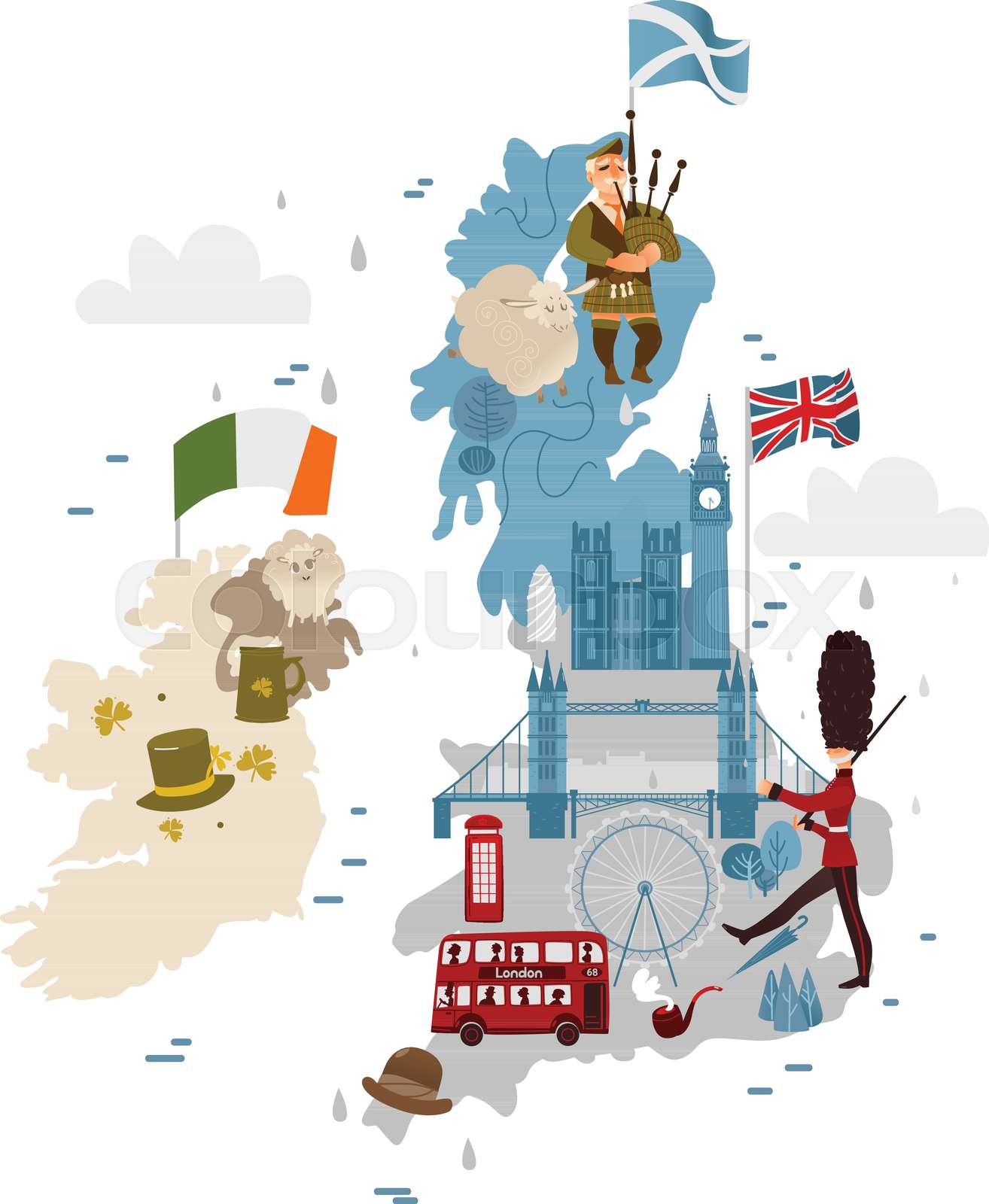 vector cartoon United Kingdom map with national symbols. | Stock vector ...