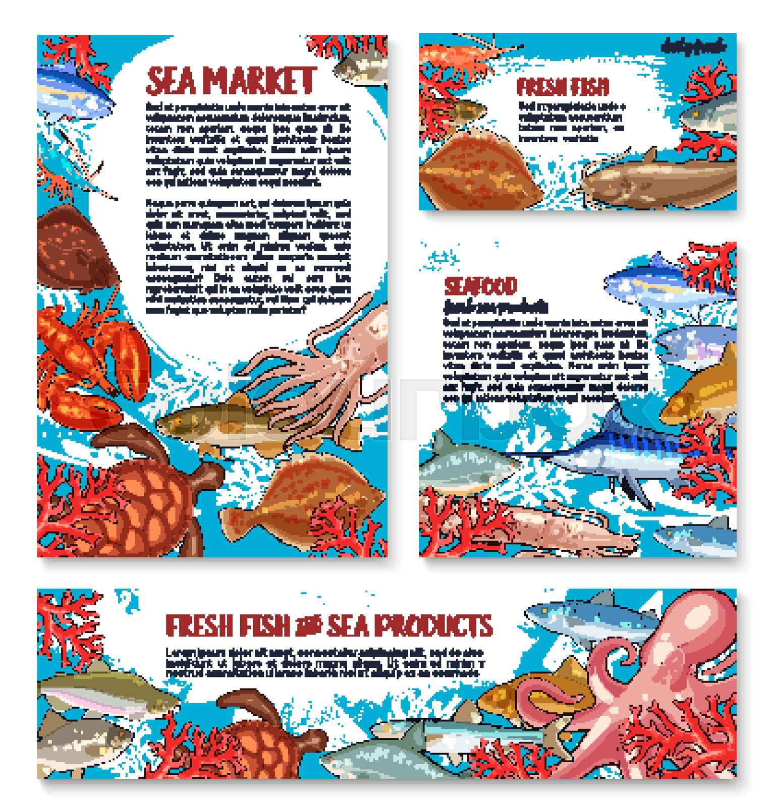 Vector seafood posters of sketch fresh fish | Stock vector | Colourbox