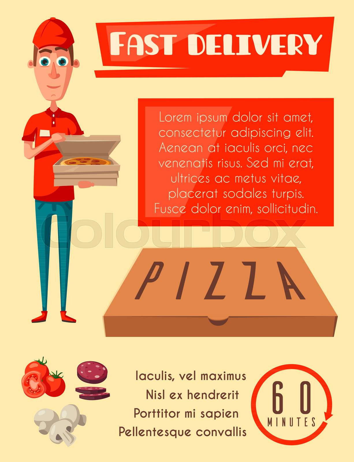 Vector flat poster for pizza fast food delivery man | Stock vector ...